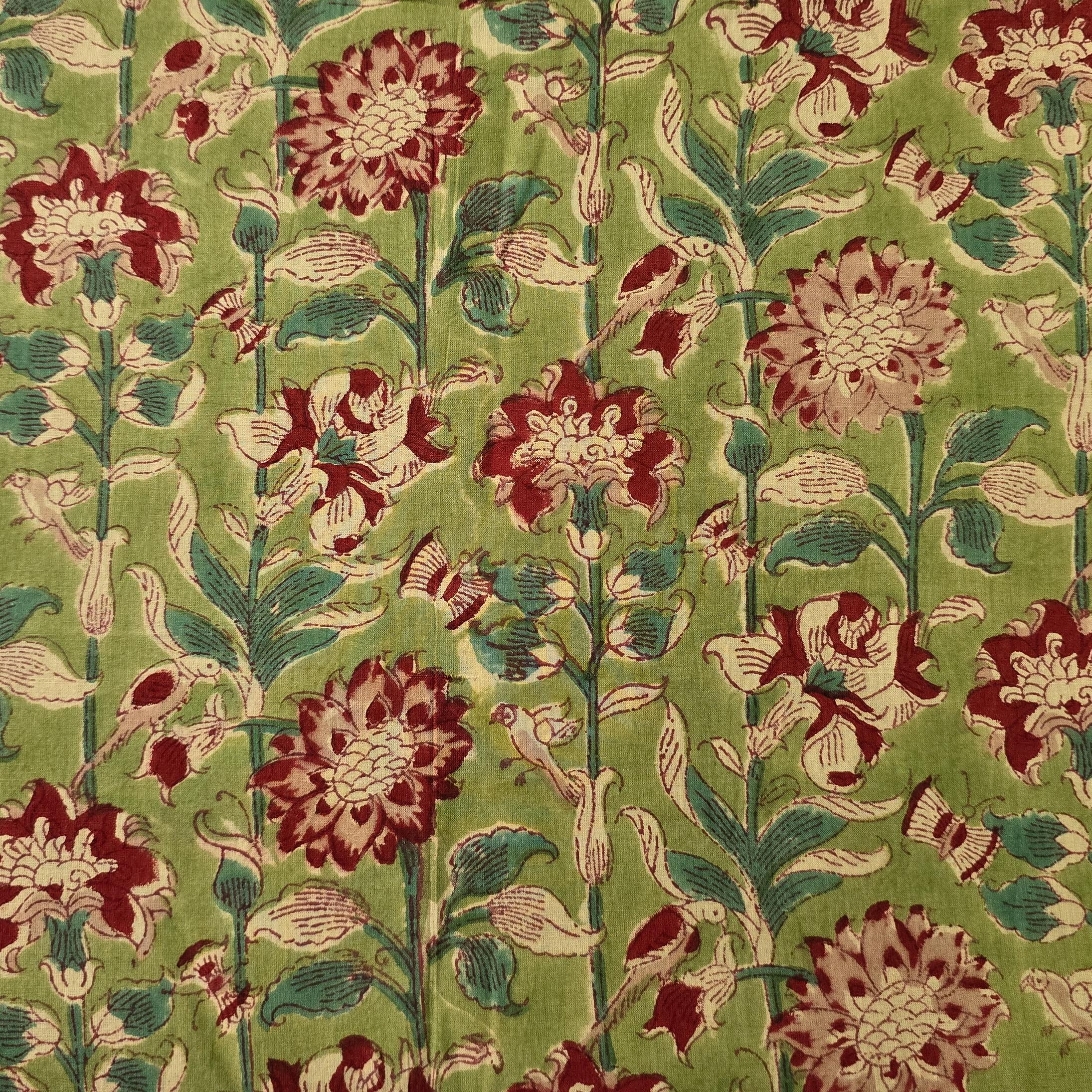Pure Cotton Jaipuri Light Green With Red Flower Creeper Hand Block Pri ...