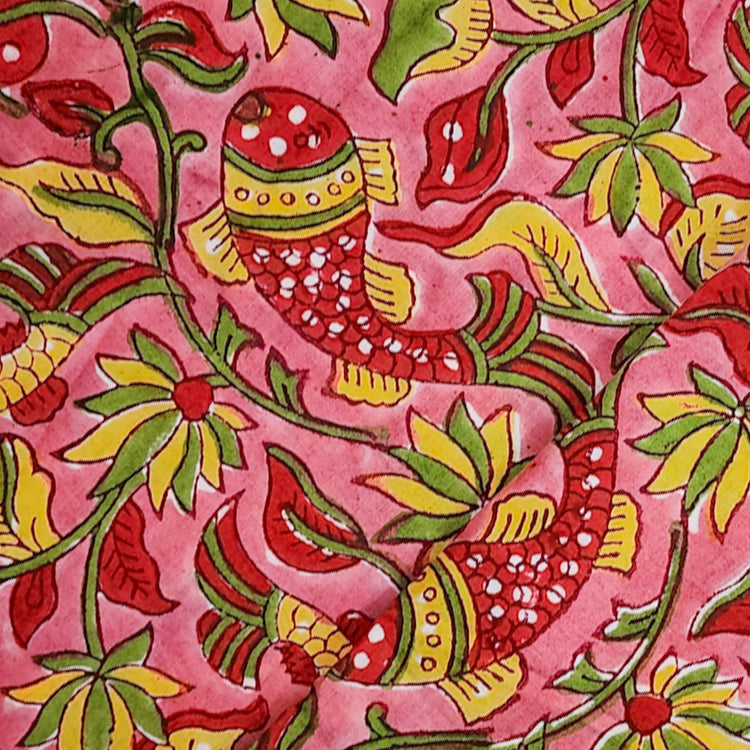 Pure Cotton Jaipuri Light Pink With Yellow And Green Flower With Intri ...