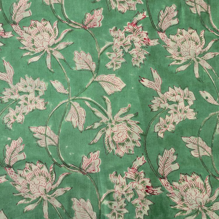 Per Cut (1 Meter) Pure Cotton Jaipuri Mint Green With White Flower Jaa ...