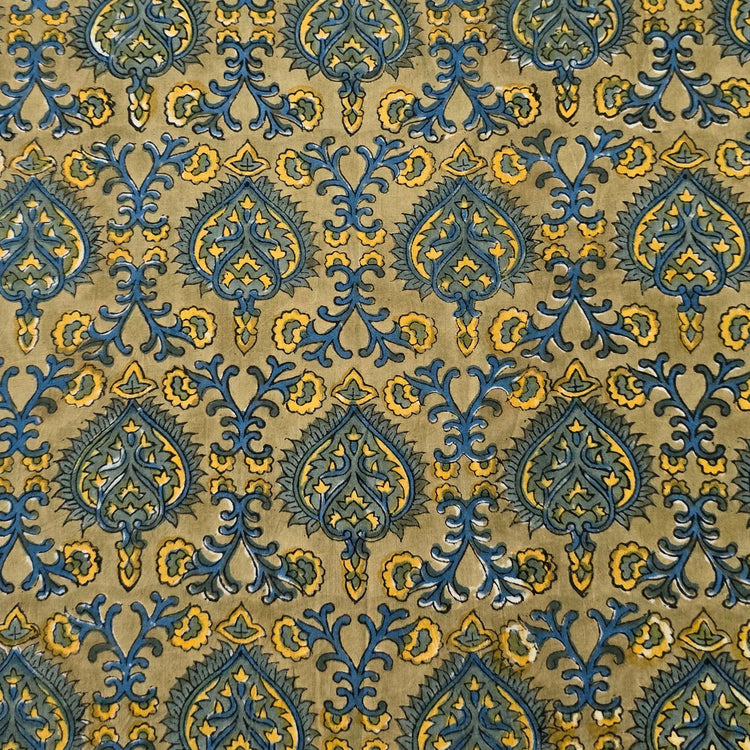 (PRE-CUT 1.30 METER) Pure Cotton Jaipuri Mustard And Blue Intricate De ...