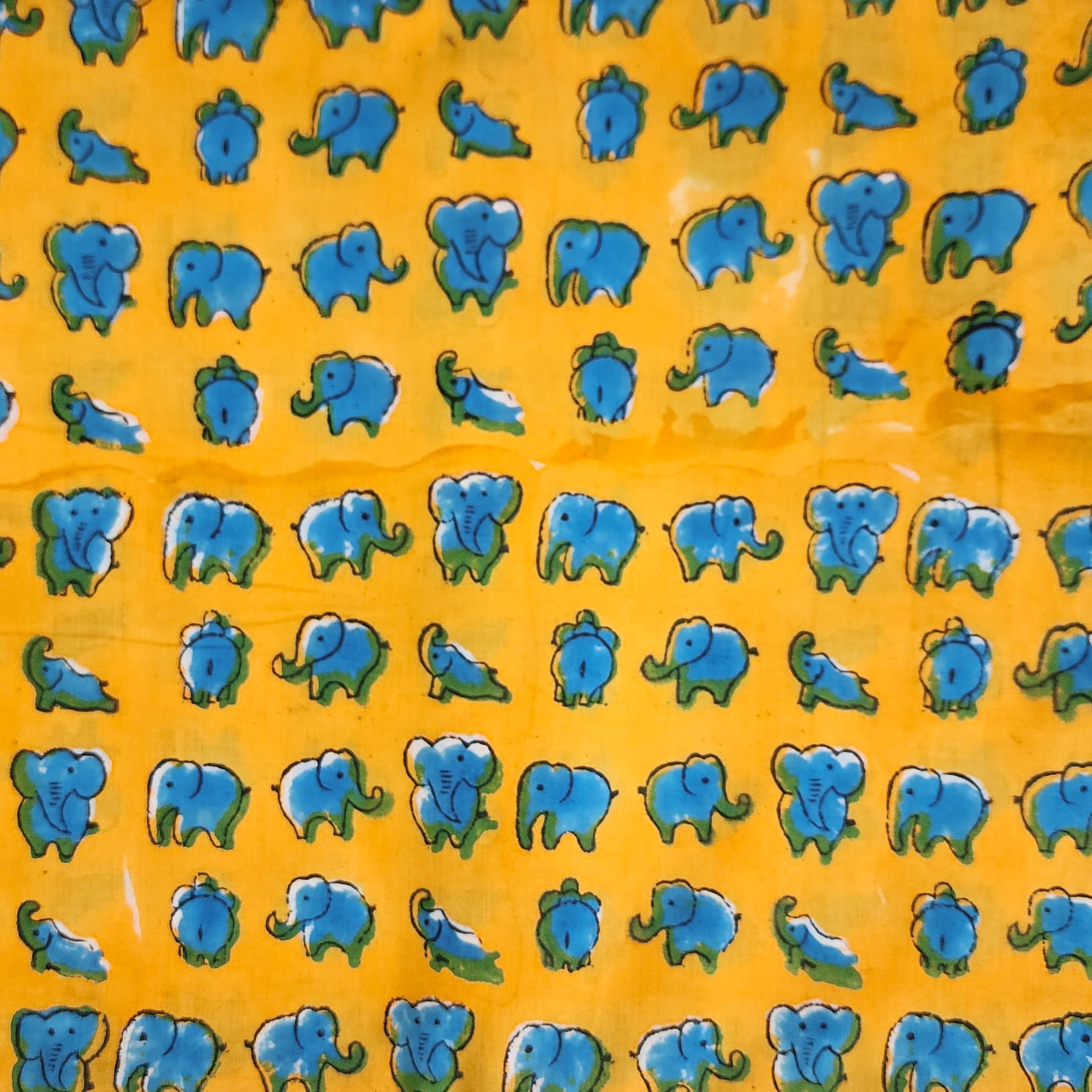 (PRE-CUT 1.60 METER) Pure Cotton Jaipuri Yellow With Blue Elephant Han ...