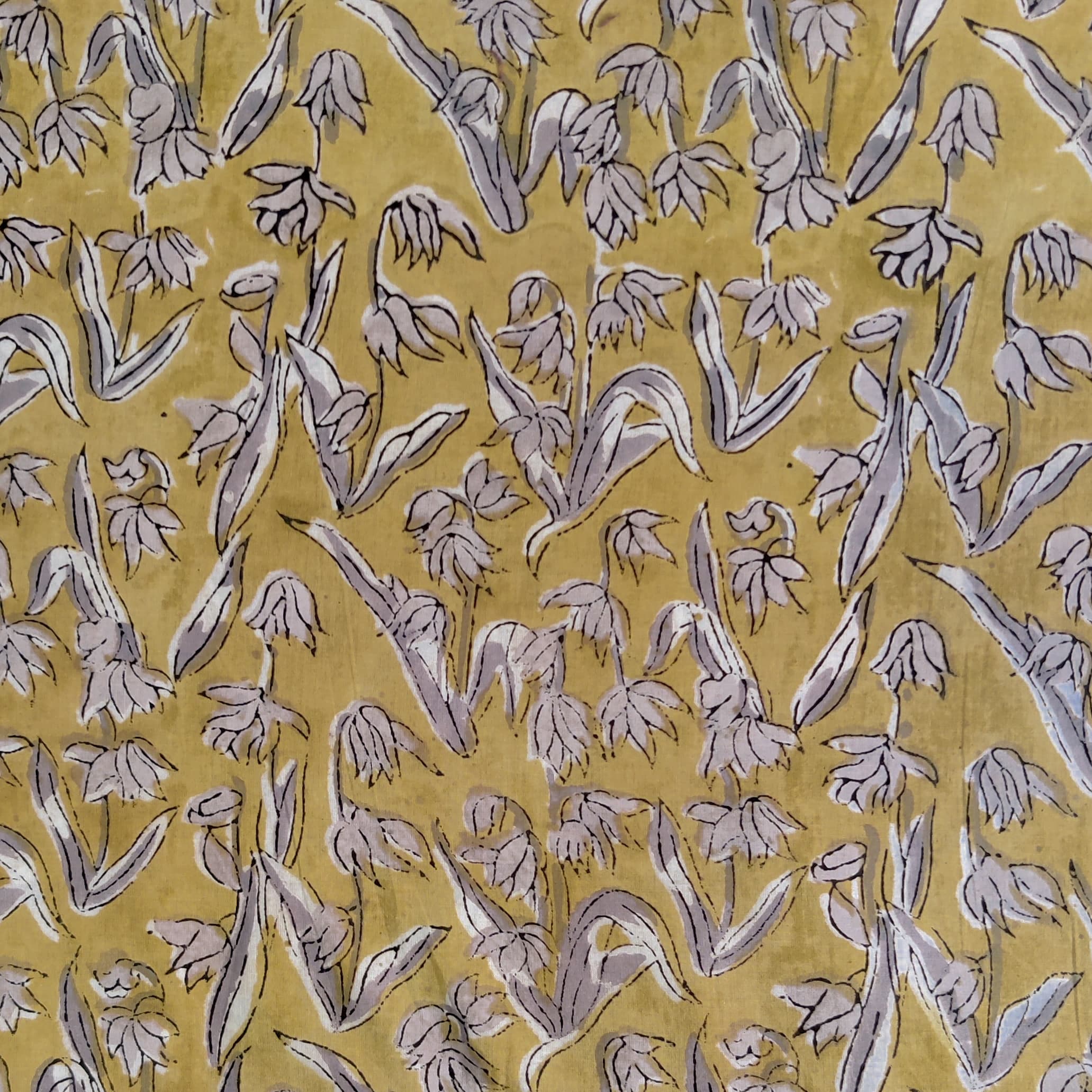 (Pre-cut 0.95 cm )Pure Cotton Jaipuri Mustard With Grey Floral Plant H ...