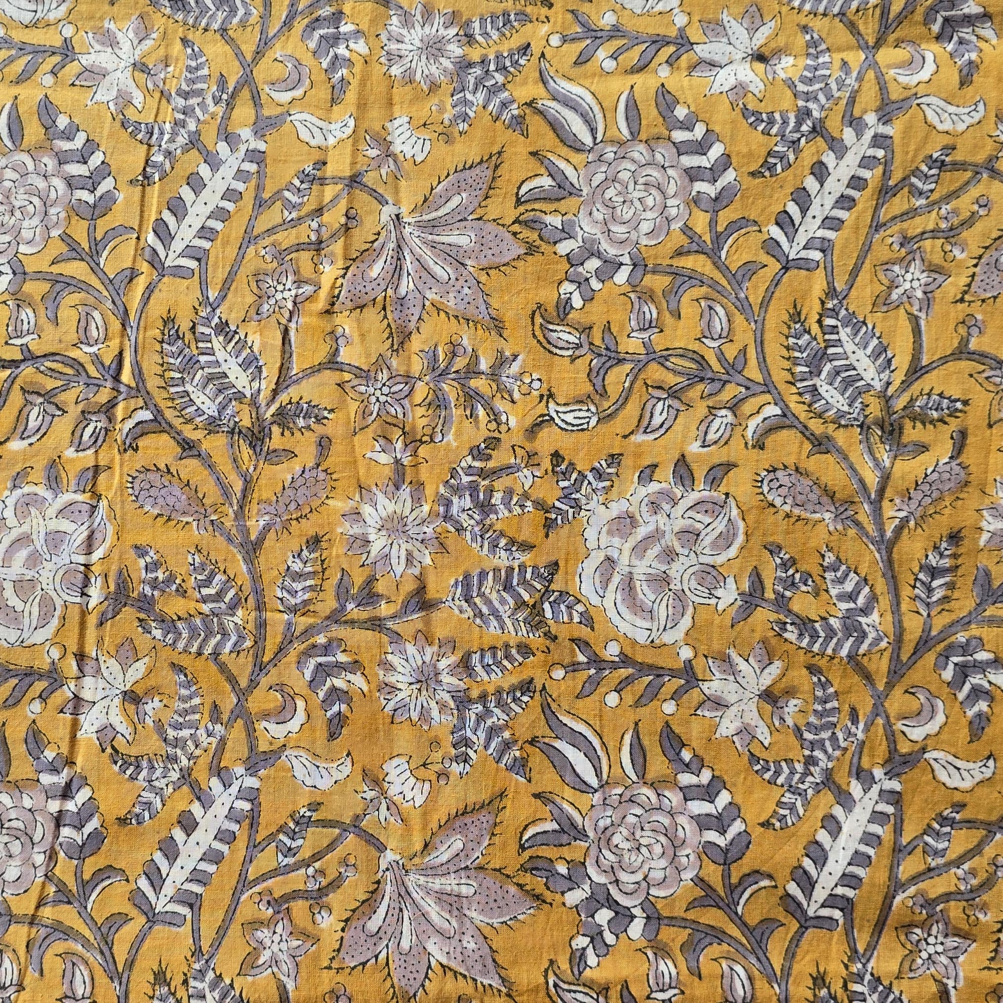(PRE-CUT 1.35 METER) Pure Cotton Jaipuri Mustard With Grey Flower Jaal ...