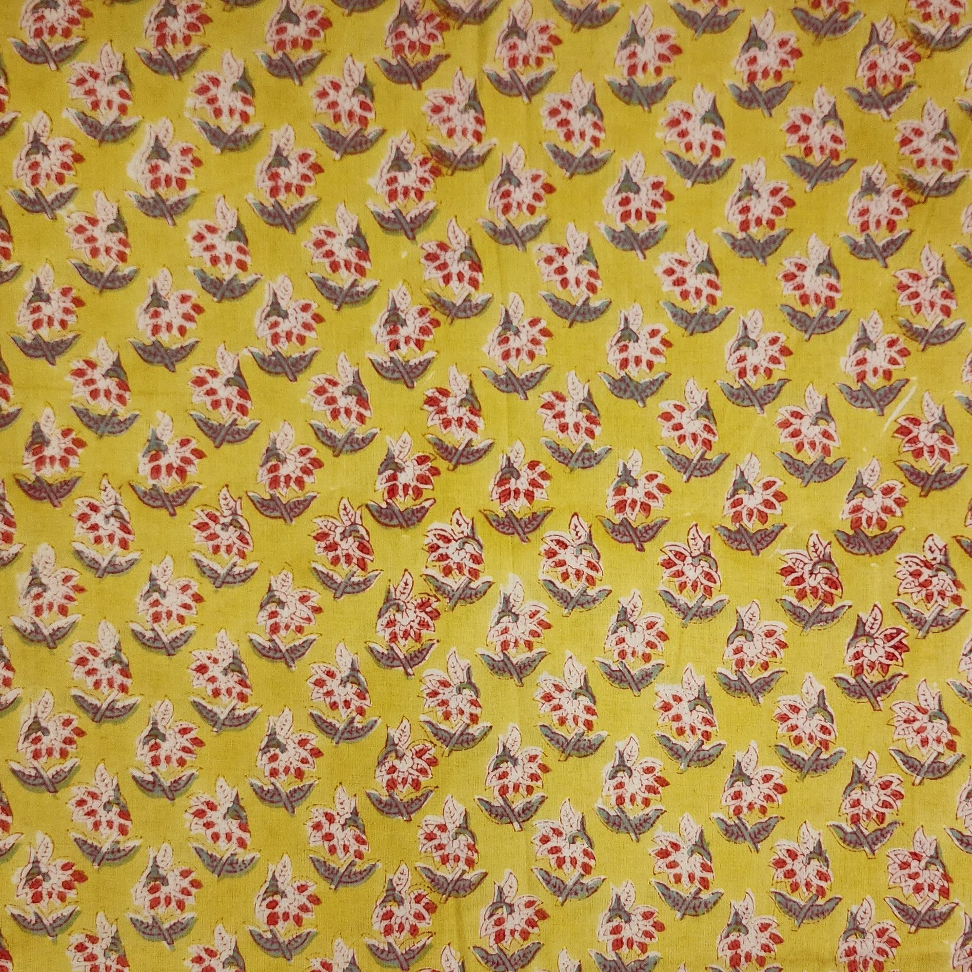 Pure Cotton Jaipuri Mustard With Red Flower Motif Hand Block Print Fab ...