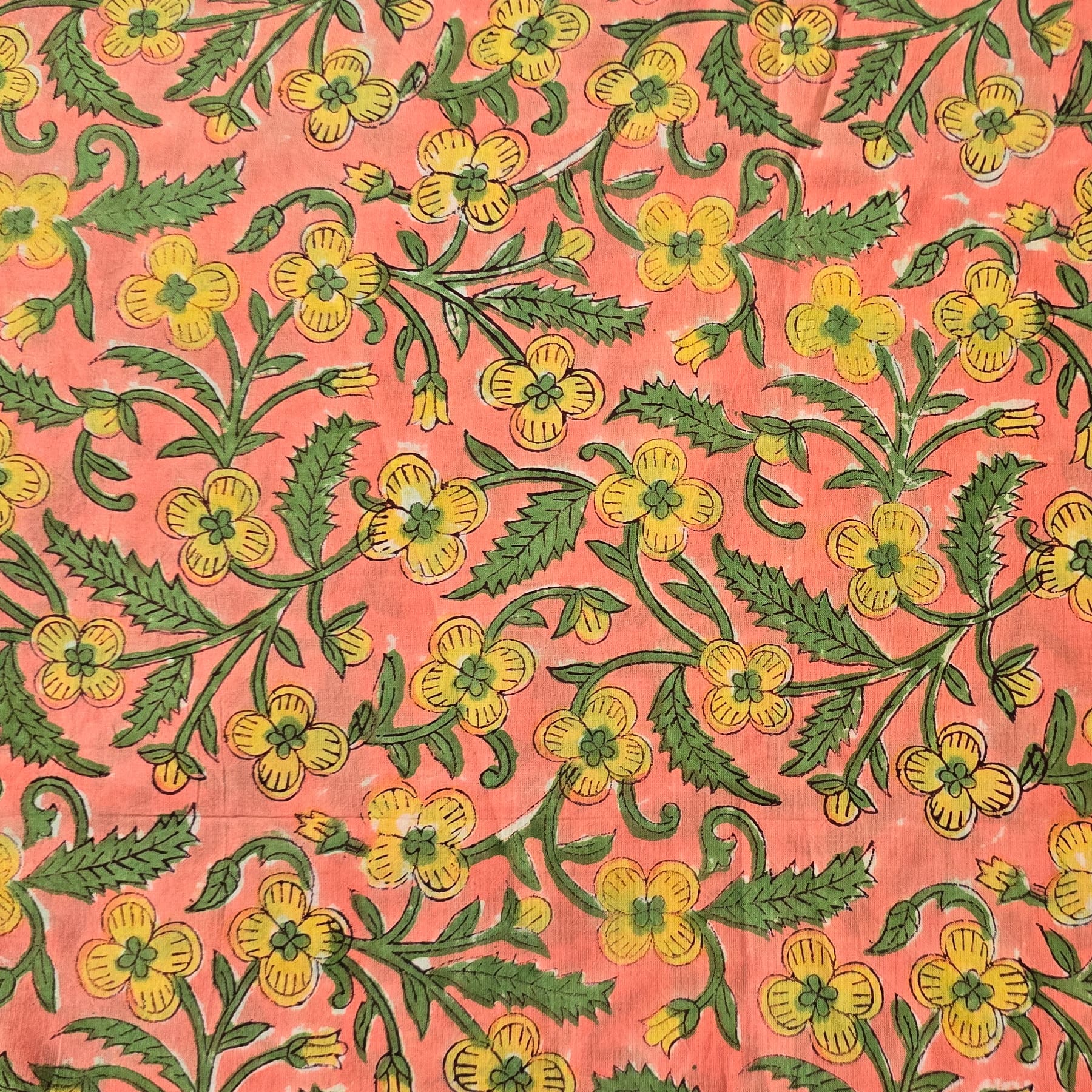 (PRE-CUT 1.55 METER) Pure Cotton Jaipuri Peach With Green And Yellow F – Sanskruti