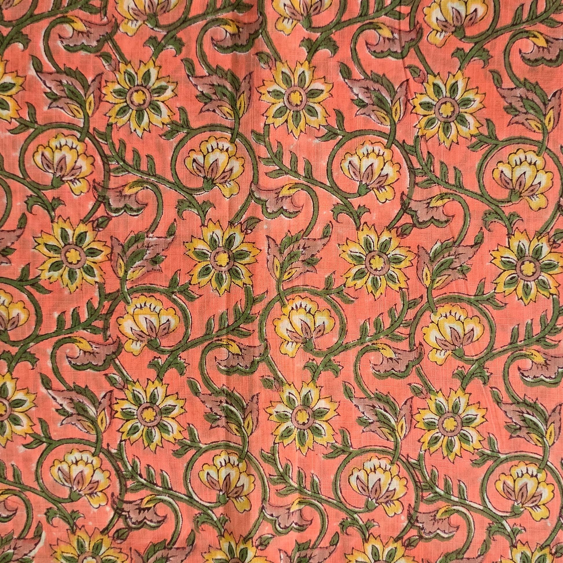 Pure Cotton Jaipuri Peach With Light Yellow Jungle Jaal Hand Block Pri ...