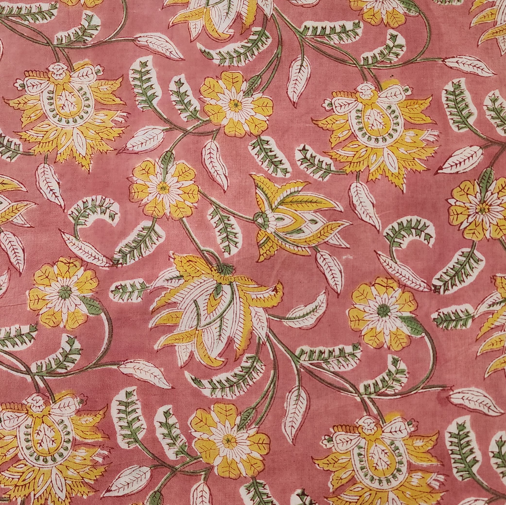 ( Pre-Cut 1 Meter )Pure Cotton Jaipuri Peach With Mustard And Green Fl – Sanskruti
