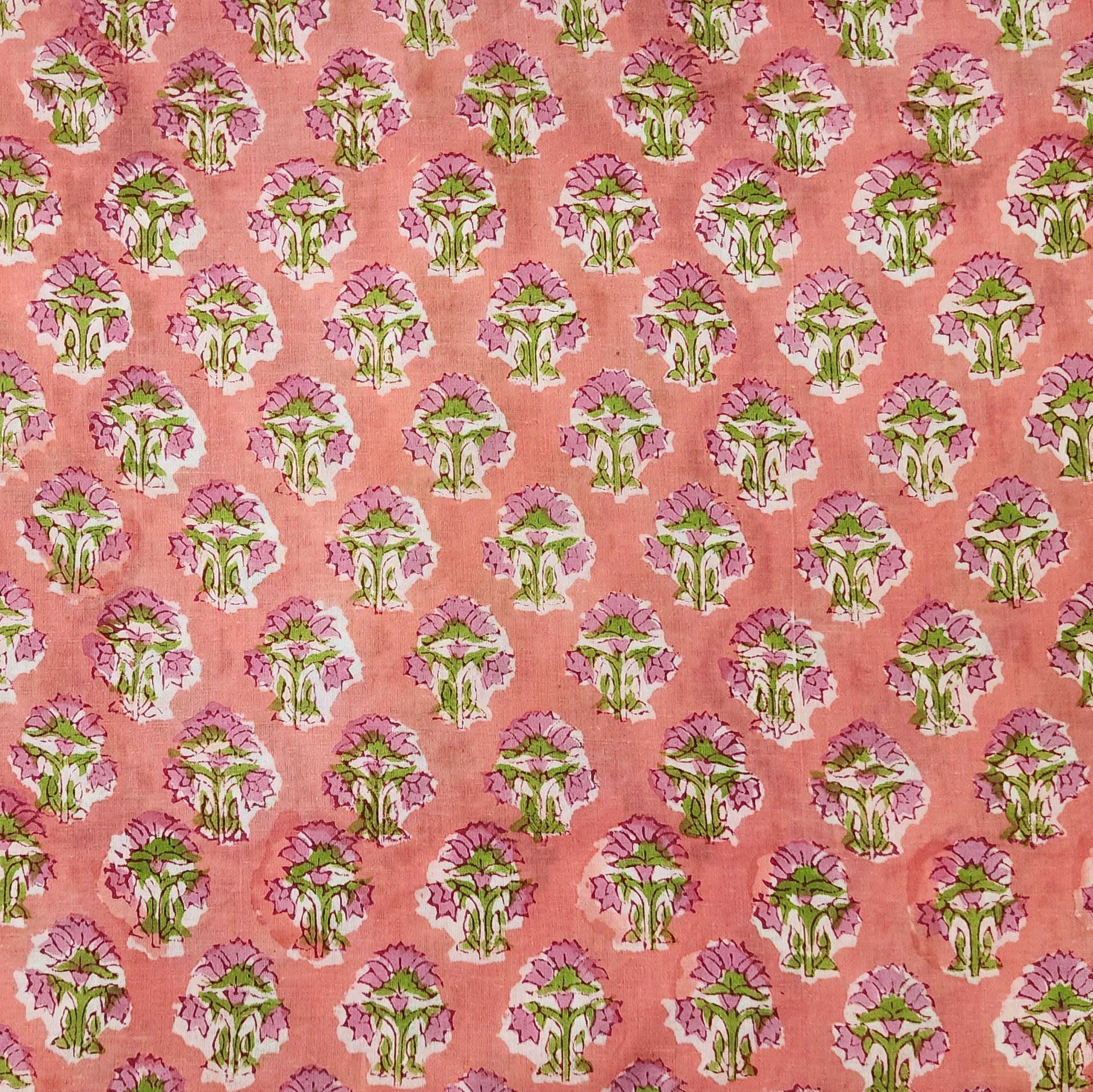 Pure Cotton Jaipuri Peach With Pink Petunias Flower Motif Hand Block P ...