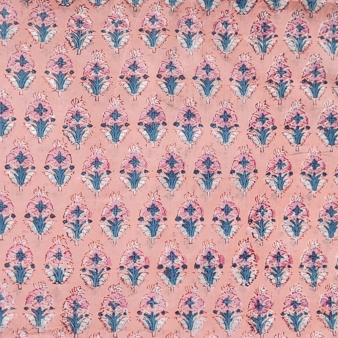 (PRE-CUT 1.55 METER) Pure Cotton Jaipuri Peach With Pink And Blue Flow – Sanskruti