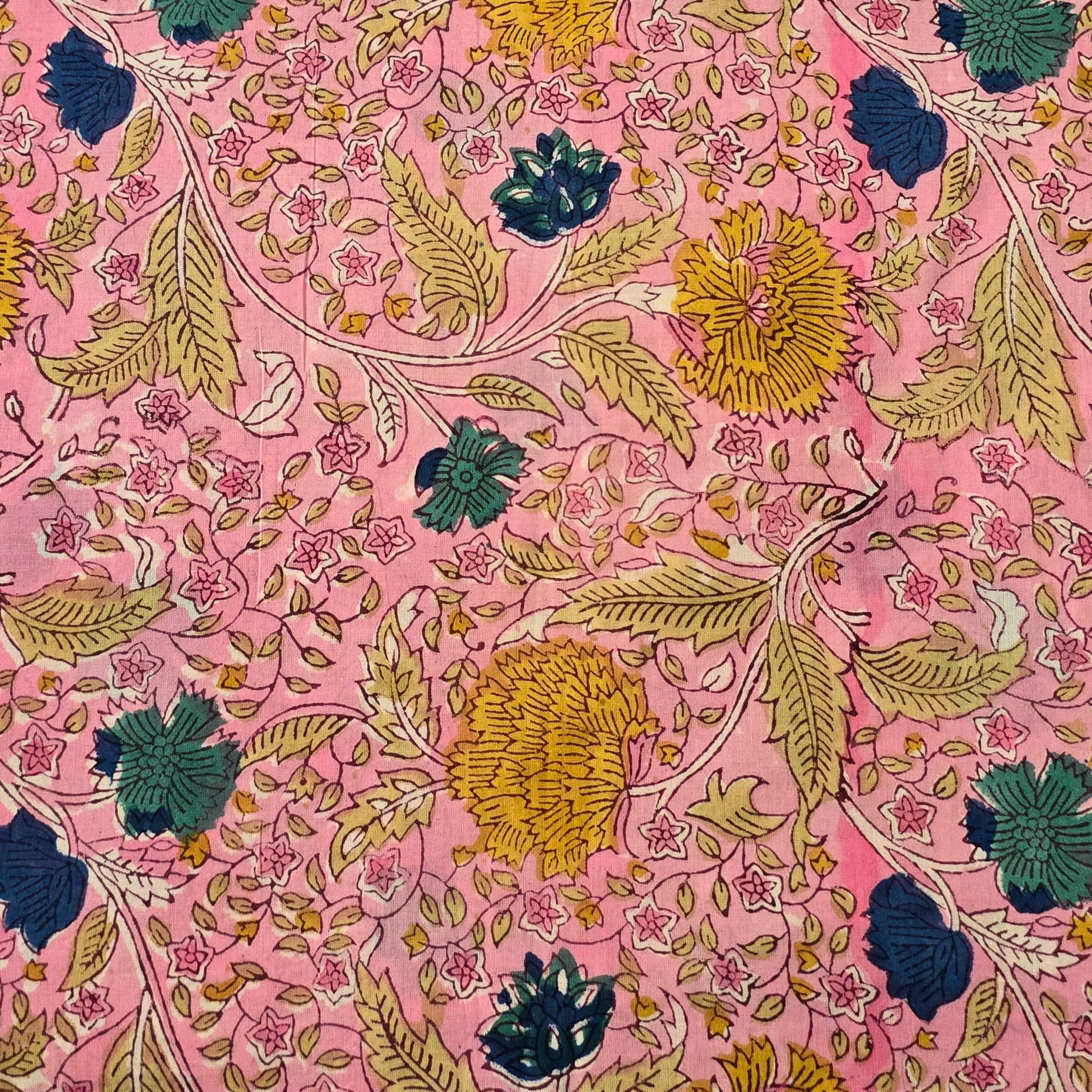 (PRE-CUT 0.80METER) Pure Cotton Jaipuri Pink With Blue And Yellow Jaal ...