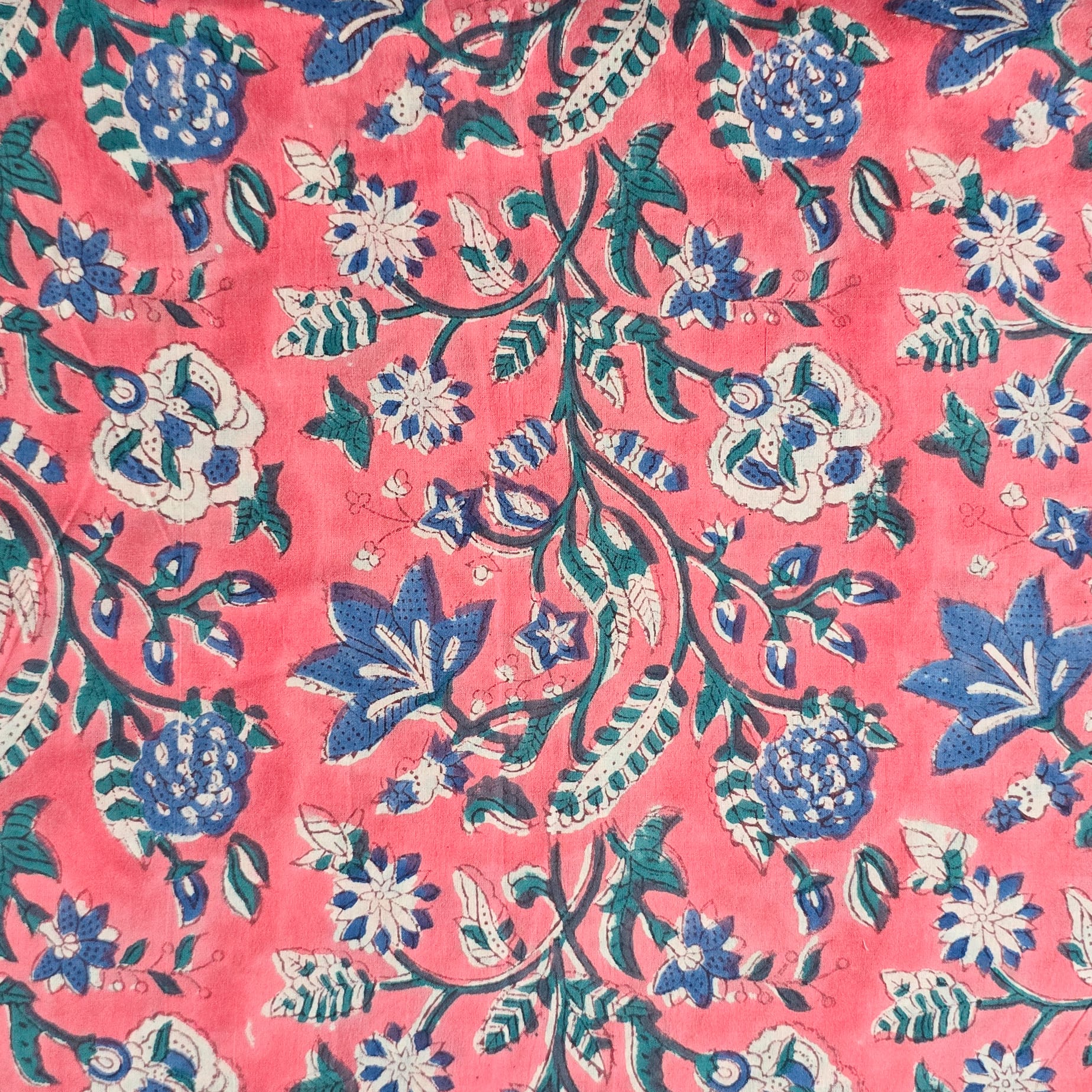 Pure Cotton Jaipuri Pink With Blue Jungle Flower Jaal Hand Block Print ...