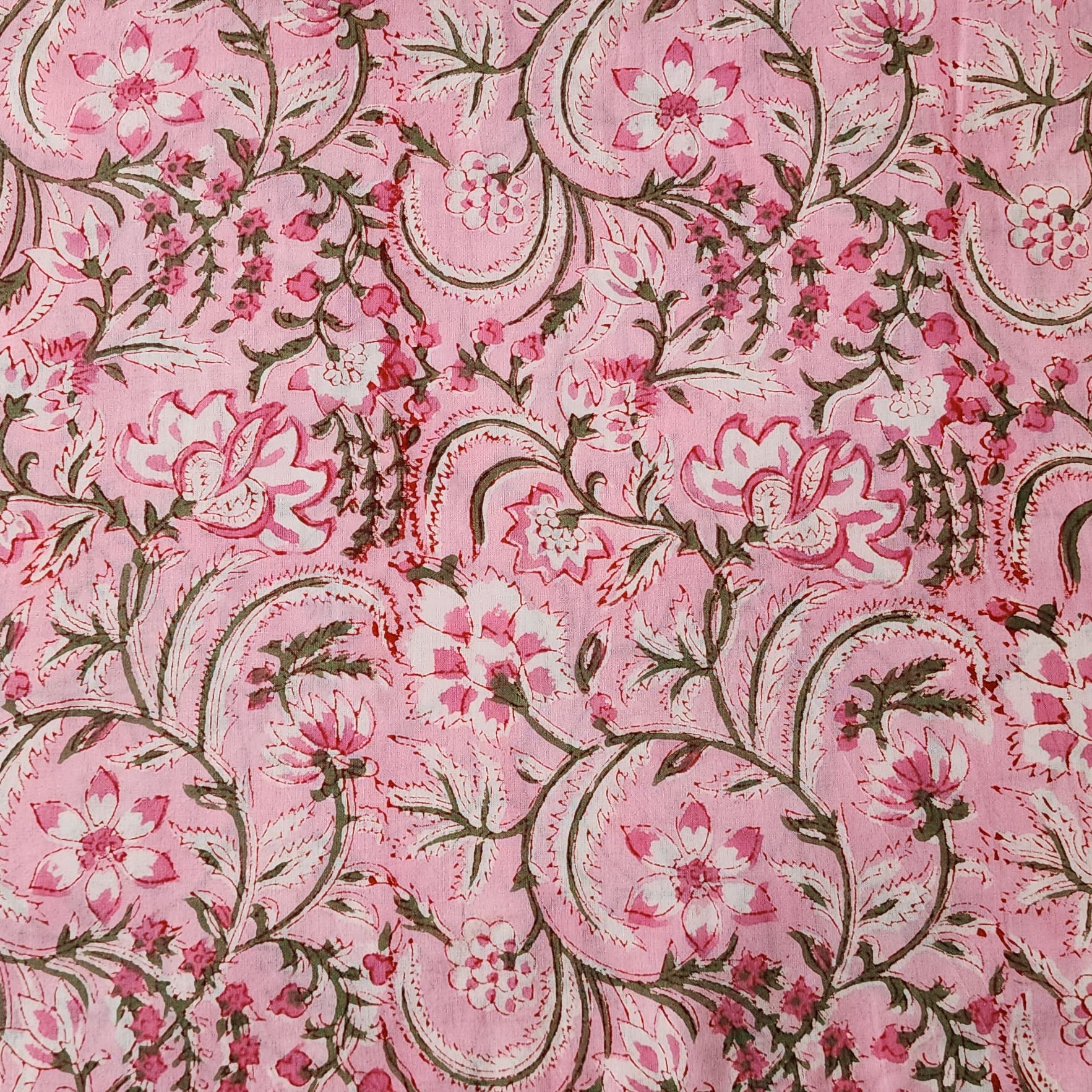 Pure Cotton Jaipuri Pink With Green And Dark Pink Datura Flower Jaal H ...