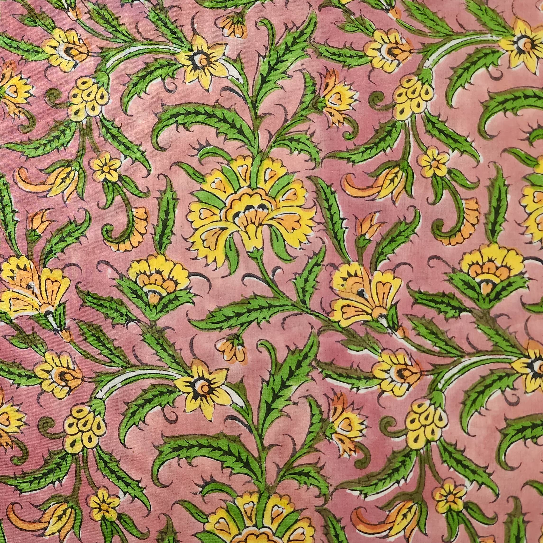 Pure Cotton Jaipuri Pink With Green And Yellow Flower Jaal Hand Block ...