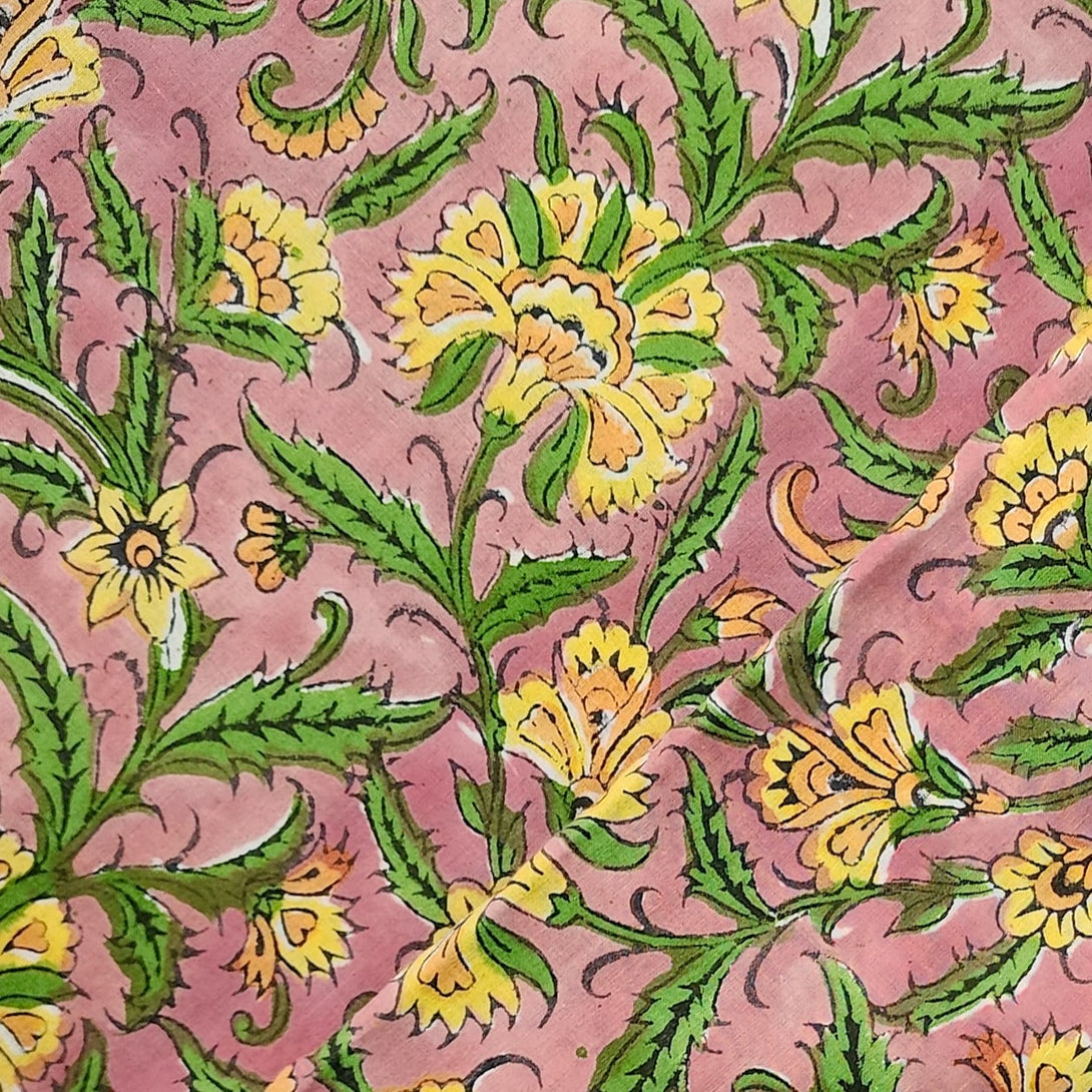 Pure Cotton Jaipuri Pink With Green And Yellow Flower Jaal Hand Block ...