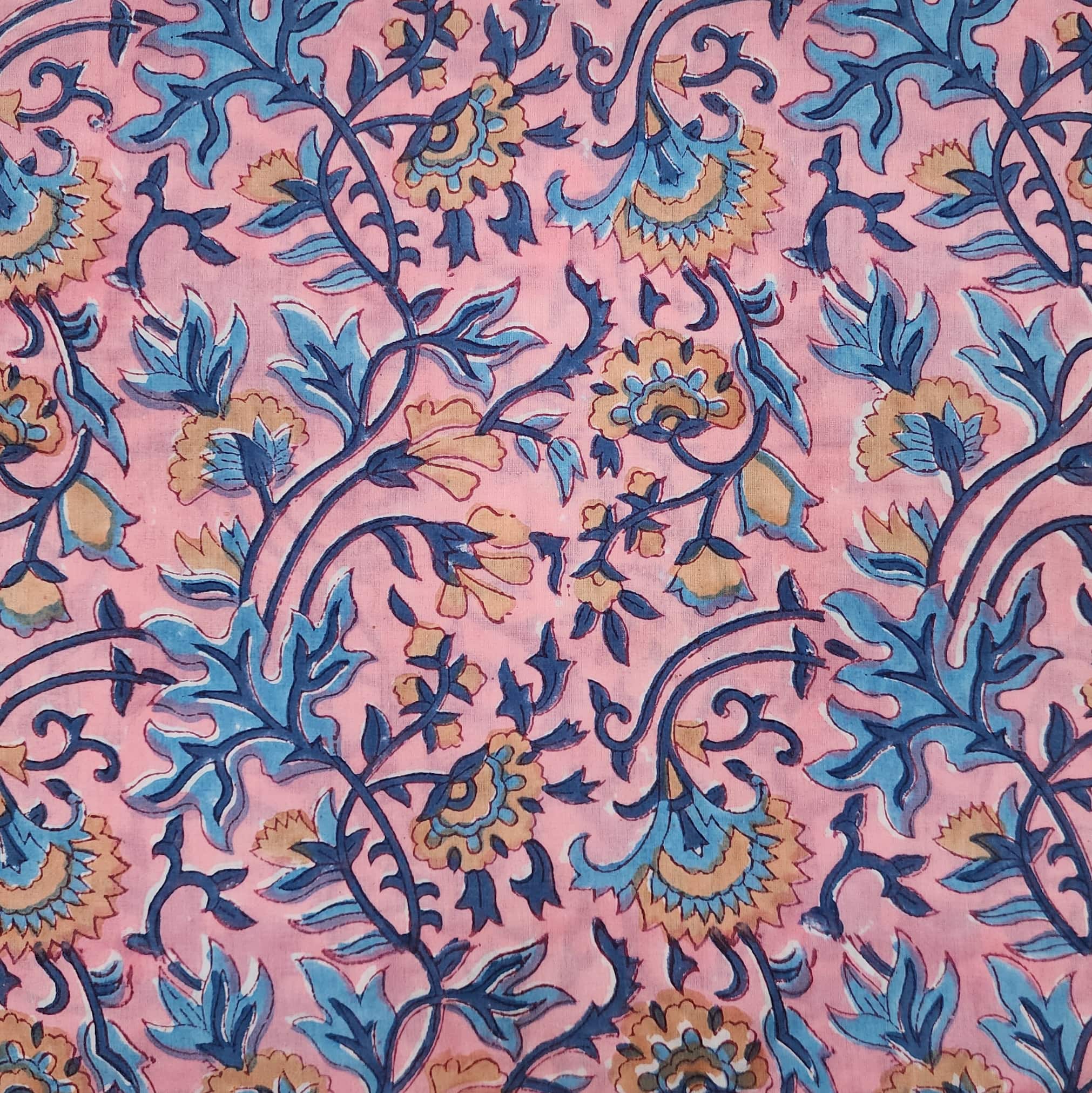 Pre-cut 0.90 Meter Pure Cotton Jaipuri Pink With Light Blue Flower Jaa ...
