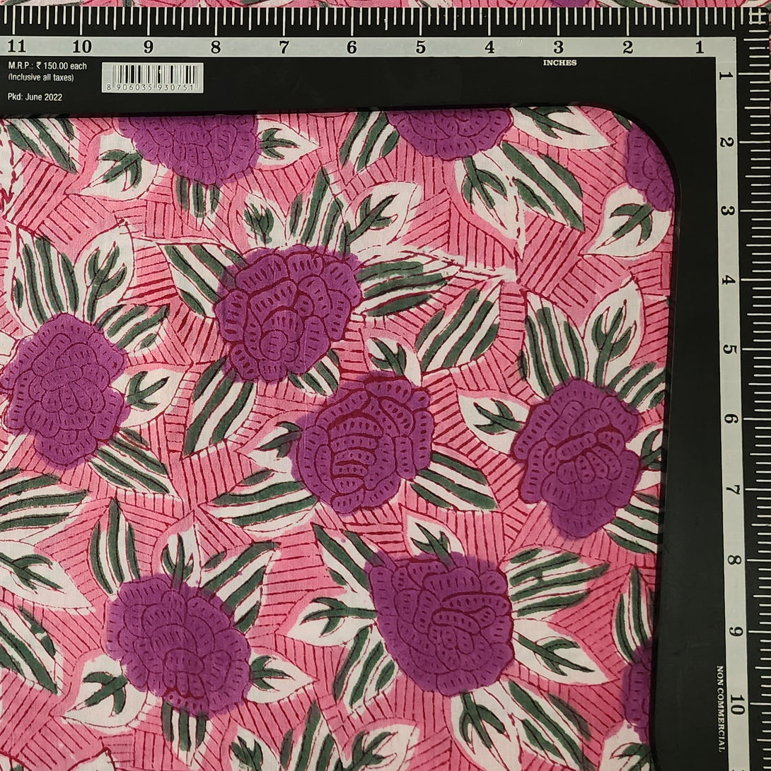 Pure Cotton Jaipuri Pink With Purple Rose Flower Jaal Hand Block Print ...