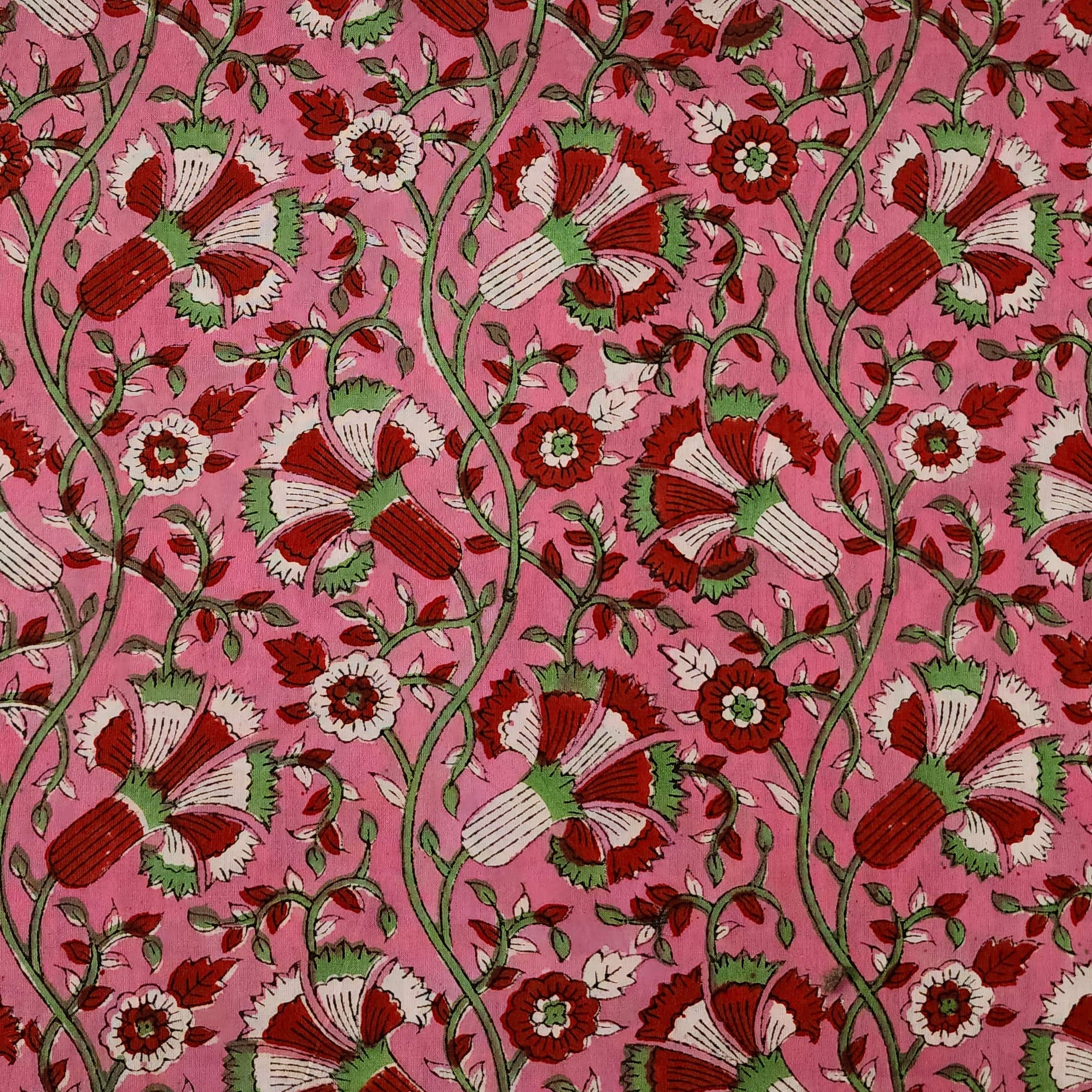 Pure Cotton Jaipuri Pink With White Red Green Wild Jaal Hand Block Pri ...
