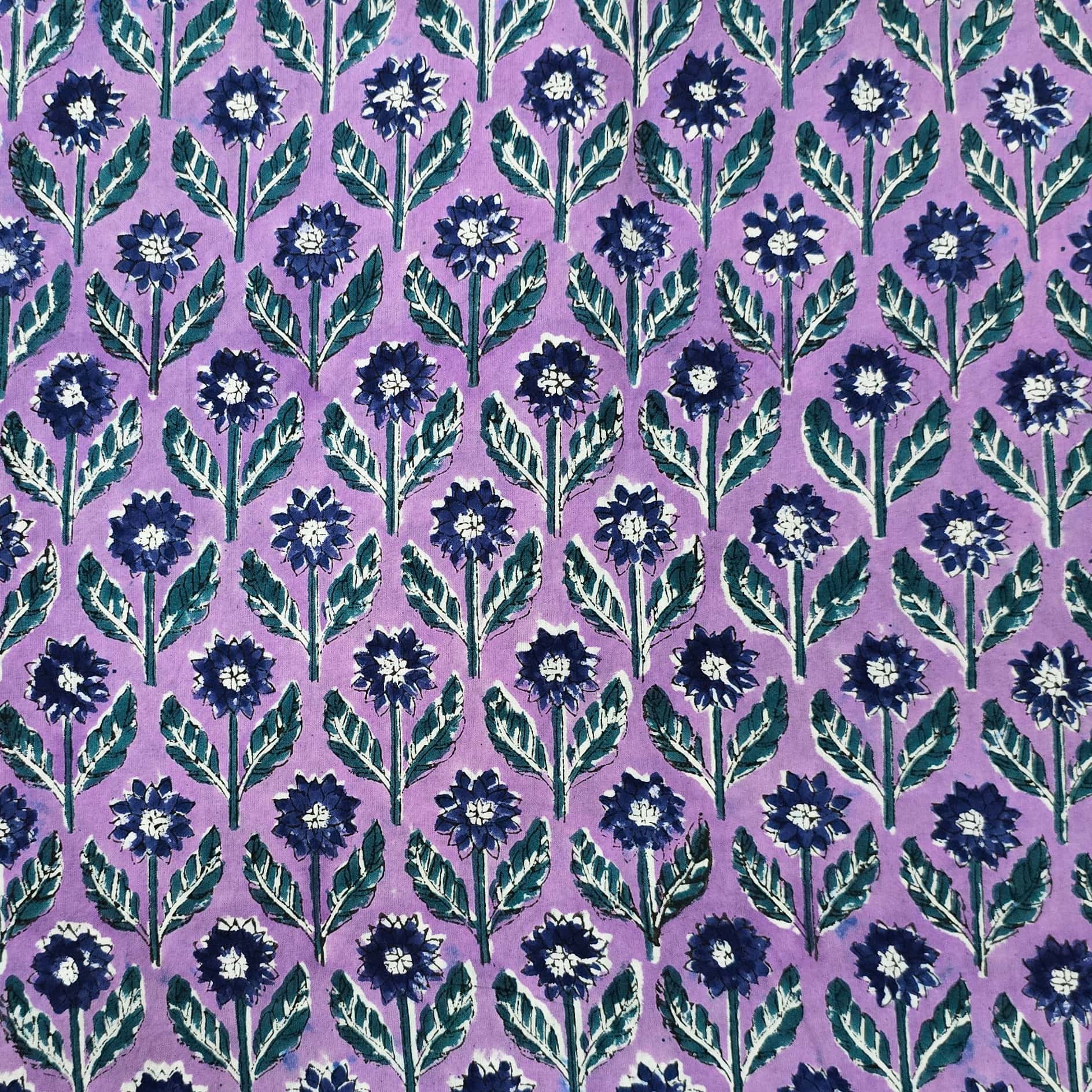 Pure Cotton Jaipuri Purple With Blue Flower Motif Hand Block Print Fab ...