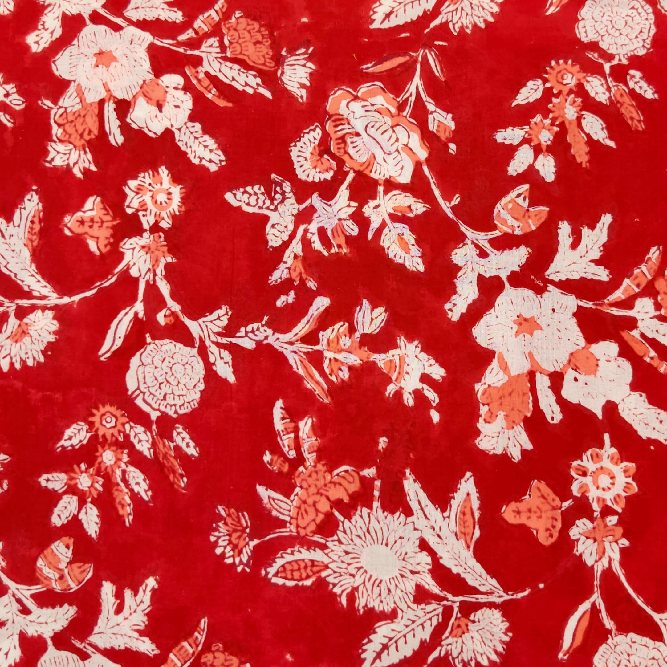 (Pre-Cut 1.50 Meter ) Pure Cotton Jaipuri Red With Peach And White Jaa ...