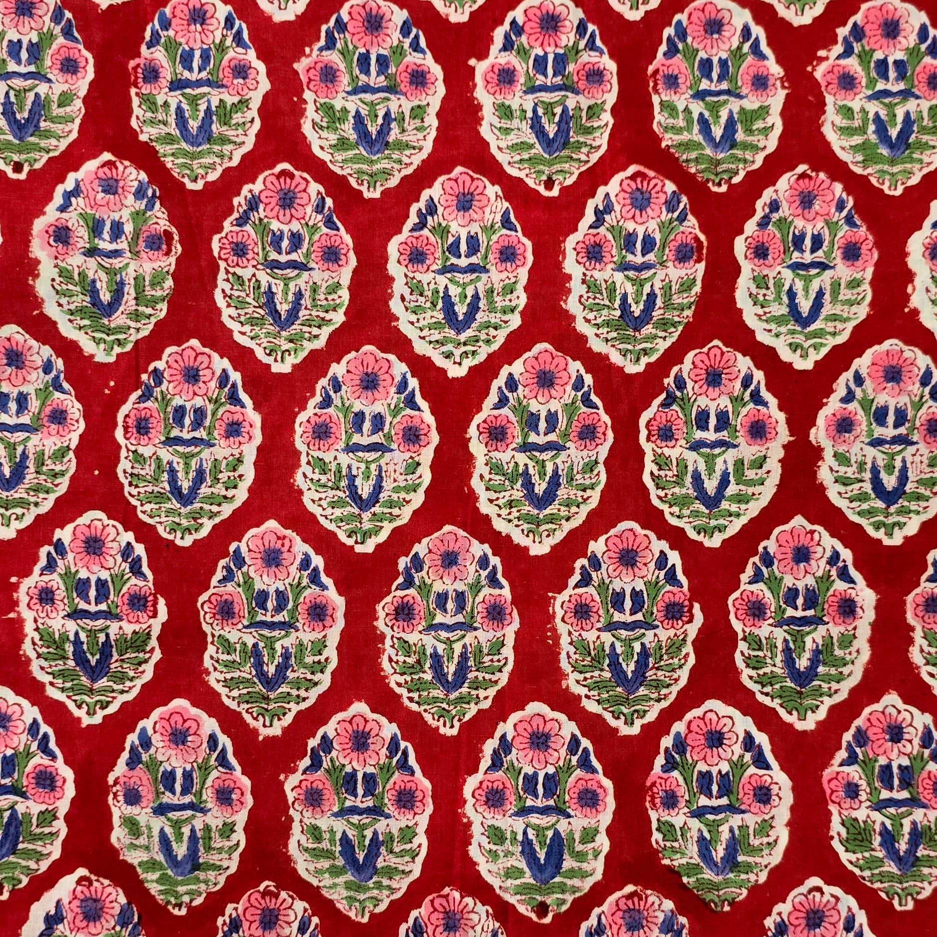 Pure Cotton Jaipuri Red With Pink Flower Plant Motif Hand Block Print ...