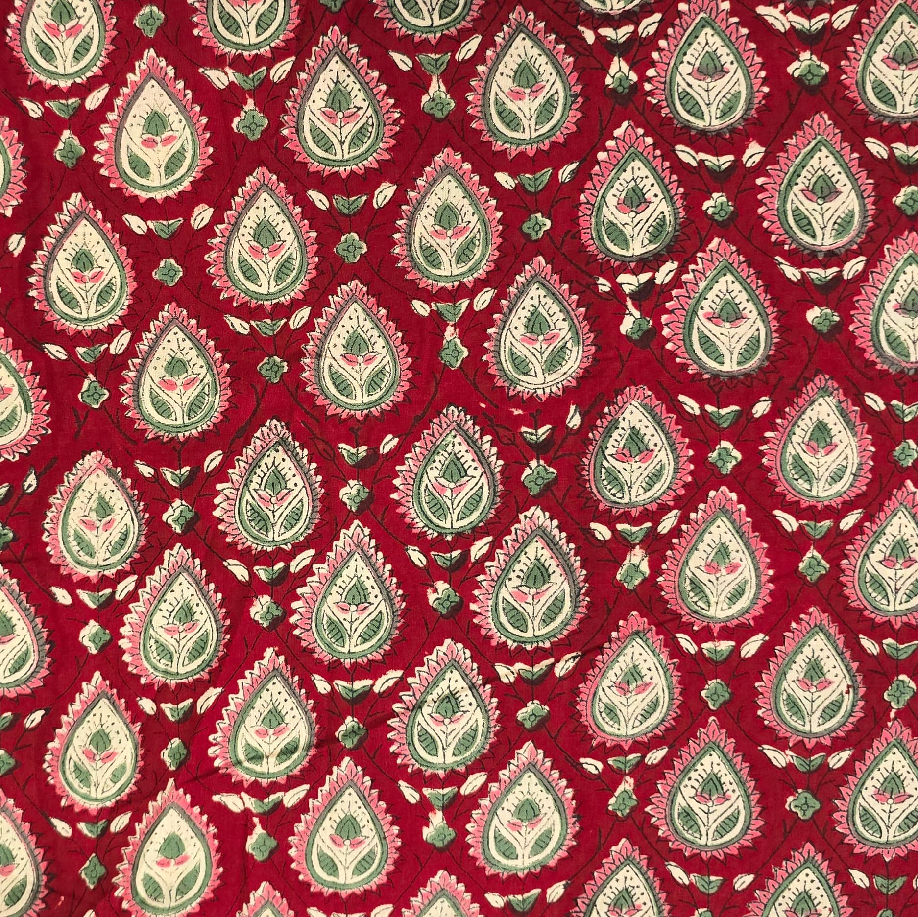 Pure Cotton Jaipuri Red With White And Green And Pink Leaves Motif Han ...