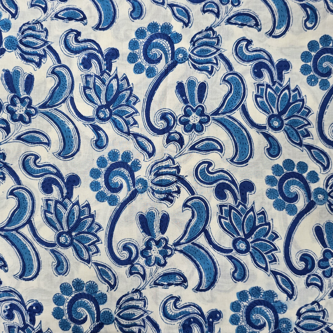 (Pre-Cut 1 Meter) Pure Cotton Jaipuri White And Blue Flower Jaal Hand ...