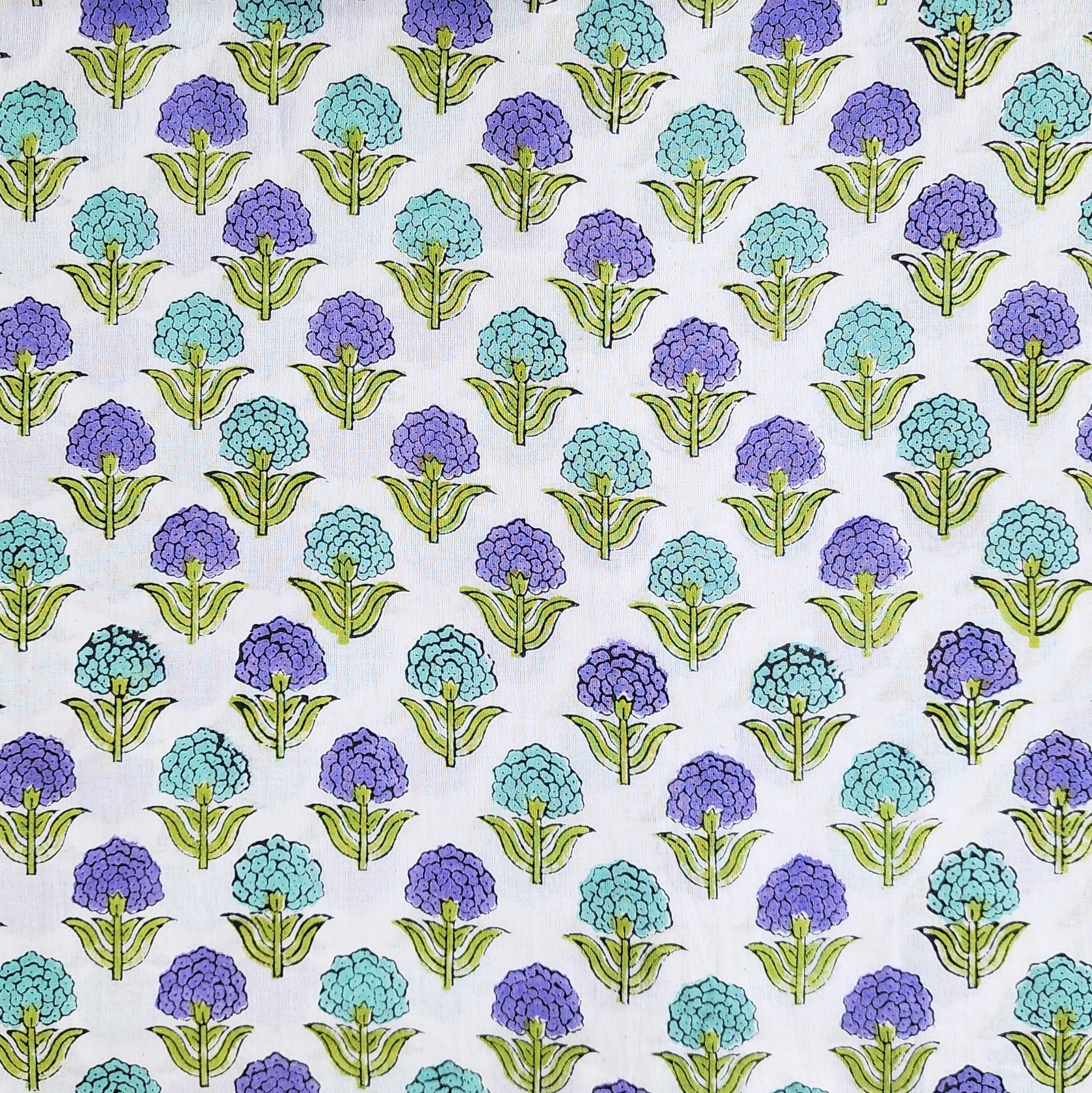 (Pre-Cut 1.15 Meter) Pure Cotton Jaipuri White And Blue With Green Flo – Sanskruti