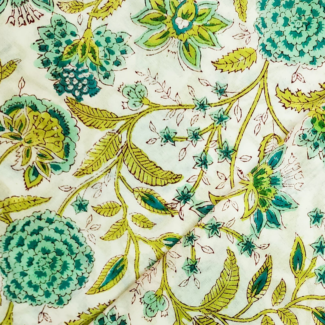 Pure Cotton Jaipuri White And Light Teal Green Jungle Fruit Flower Jaa ...