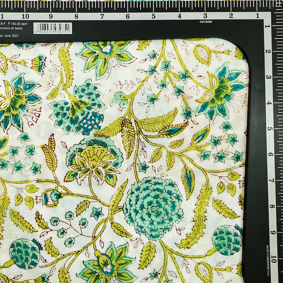 Pure Cotton Jaipuri White And Light Teal Green Jungle Fruit Flower Jaa ...