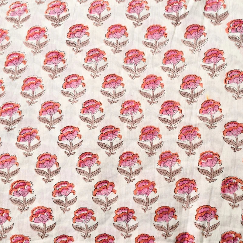 (Pre-Cut 1.20 Meter) Pure Cotton Jaipuri White And Pink Flower Motif H – Sanskruti