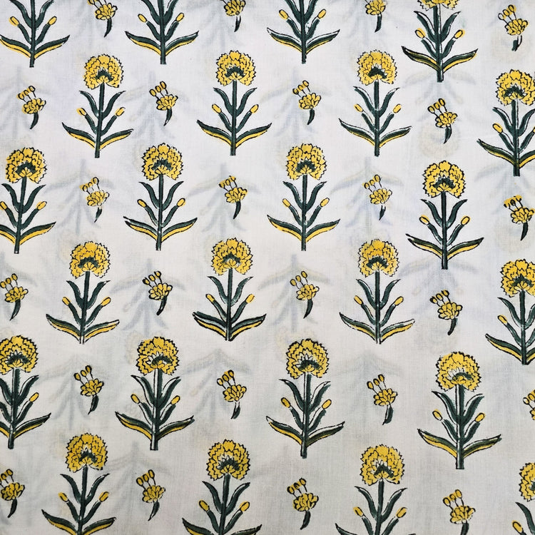 Pure Cotton Jaipuri White And Yellow And Green Marigold Hand Block Pri ...