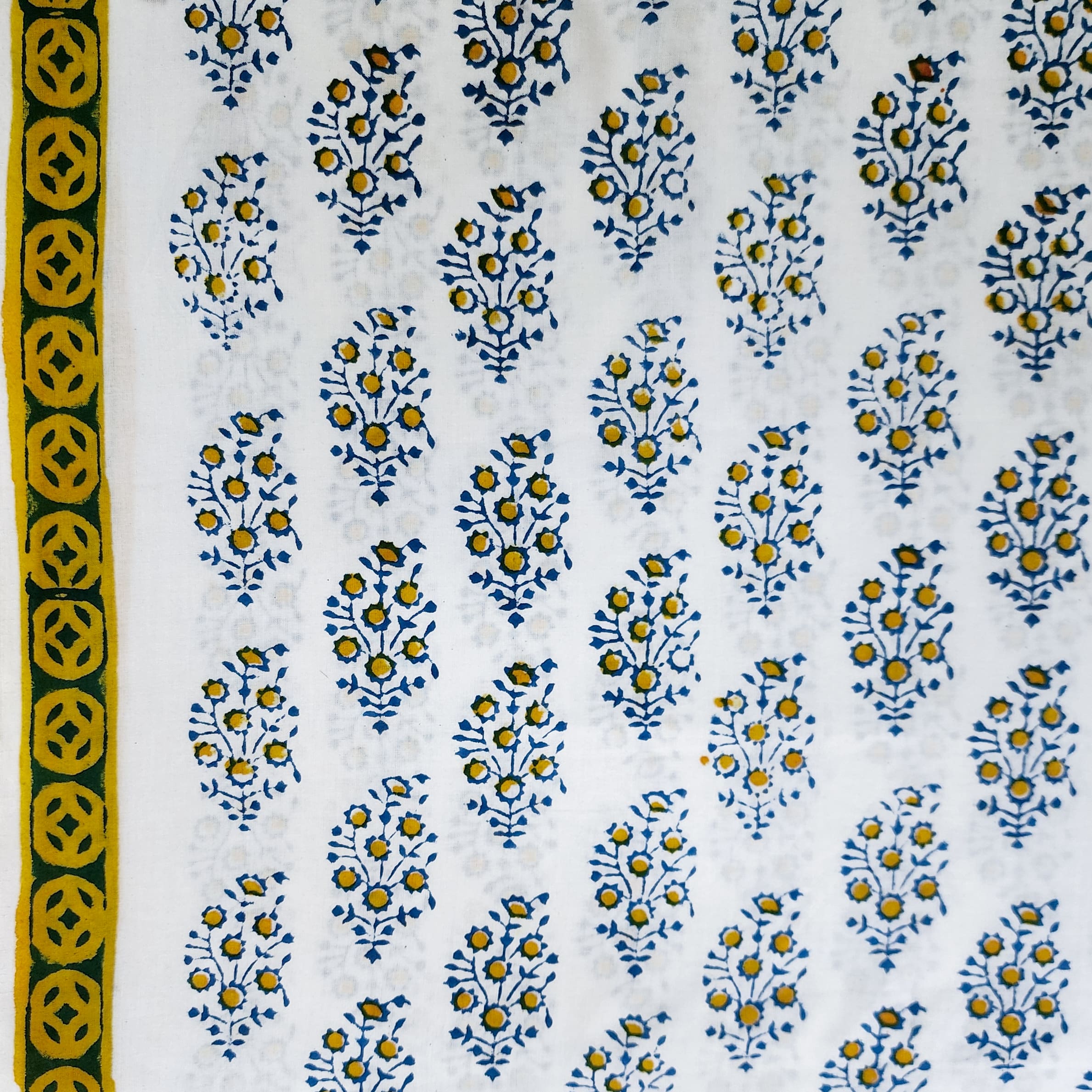 Pure Cotton Jaipuri White And Yellow With Blue Flower Motifs Hand Bloc ...