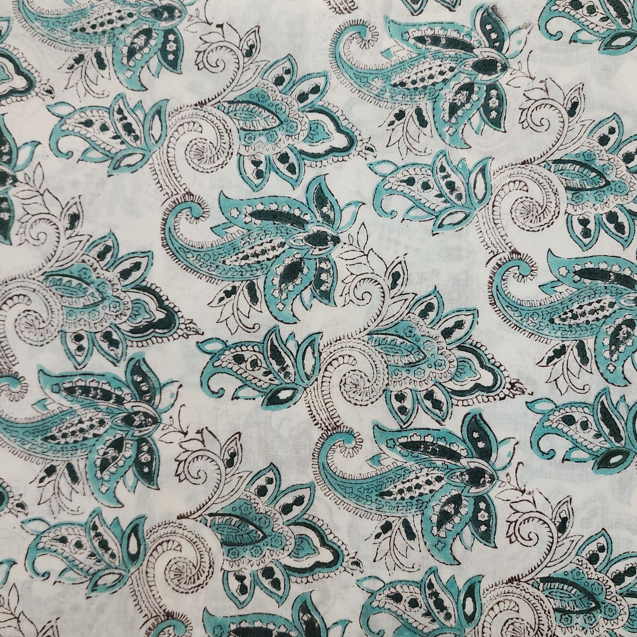 Pure Cotton Jaipuri White Blue Curvy Kairi Jaal Hand Block Print Fabri ...