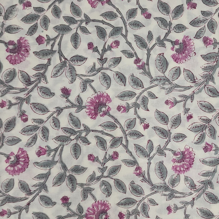 Pure Cotton Jaipuri White Petunias Flower Jaal Hand Block Print Fabric ...