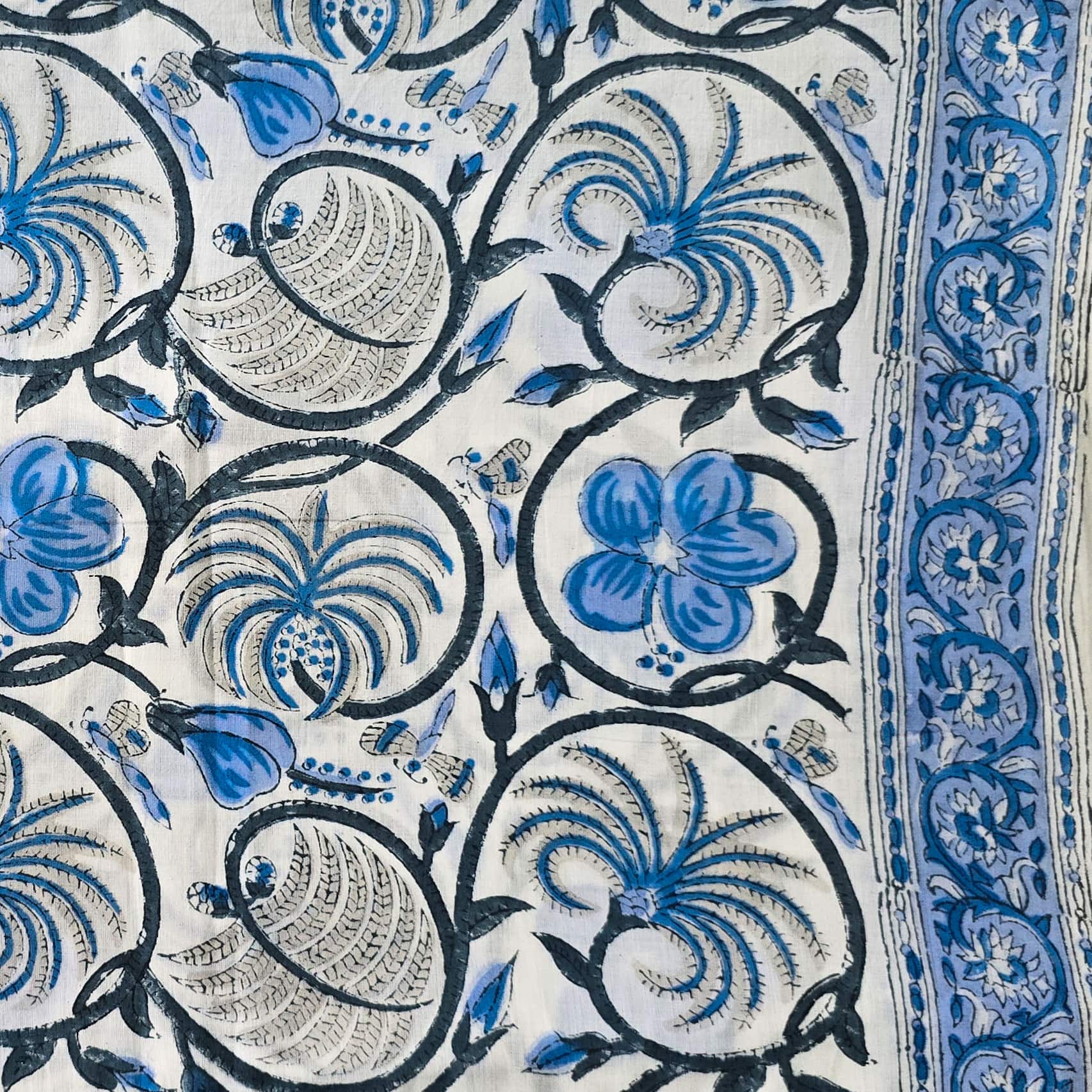 Pure Cotton Jaipuri White With Blue And Black Jungle Flower Jaal Hand ...