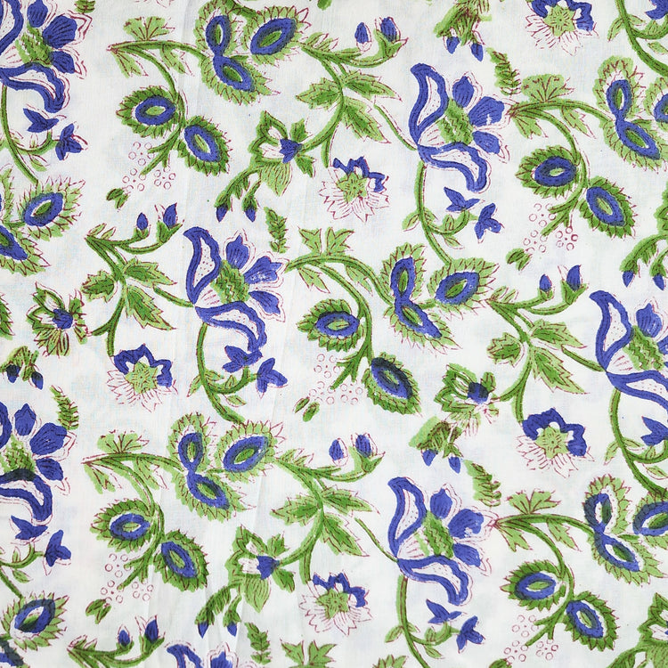 (PRE-CUT 2.40 METER) Pure Cotton Jaipuri White With Blue And Green Flo – Sanskruti