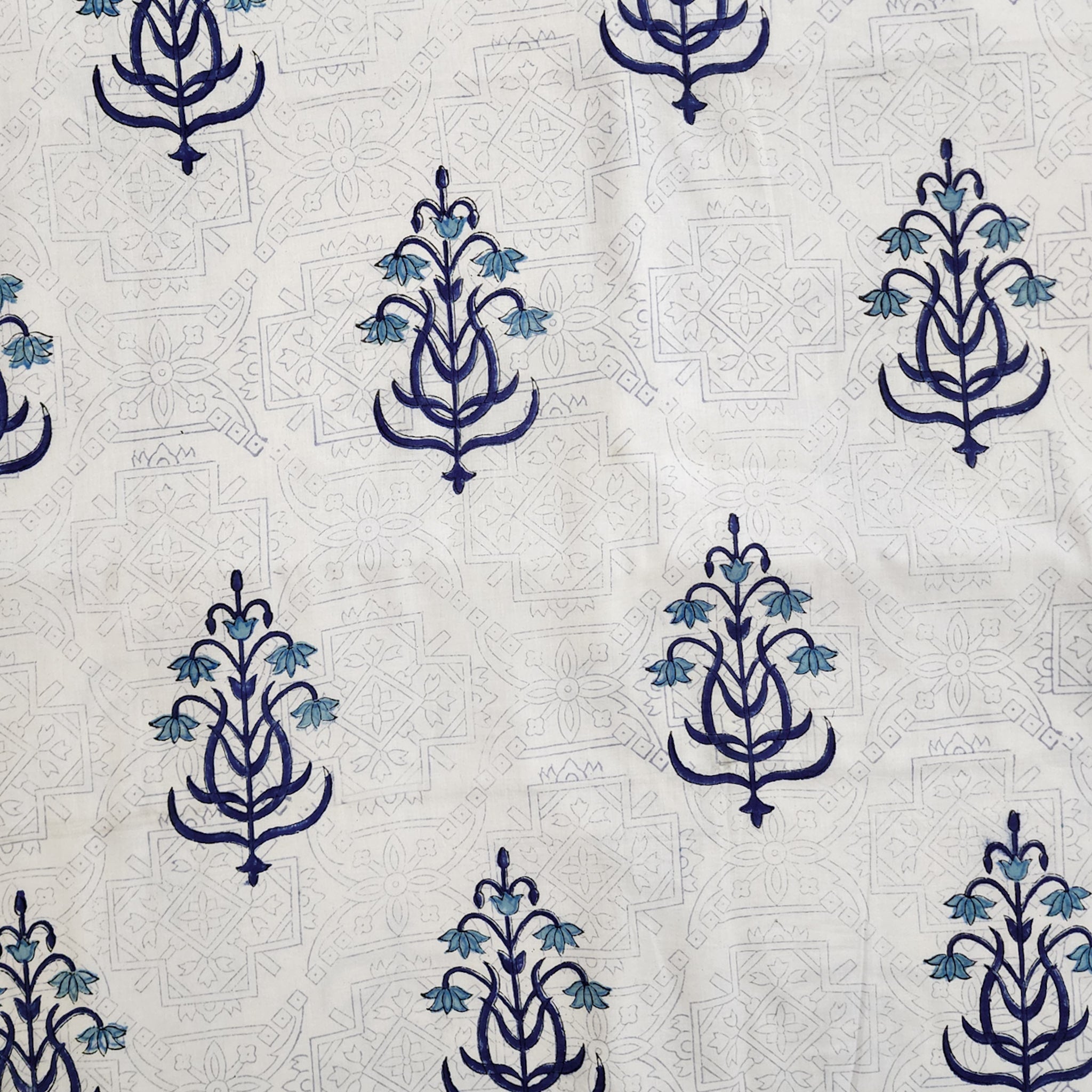 Pure Cotton Jaipuri White With Blue Big Flower Motifs Hand Block Print ...