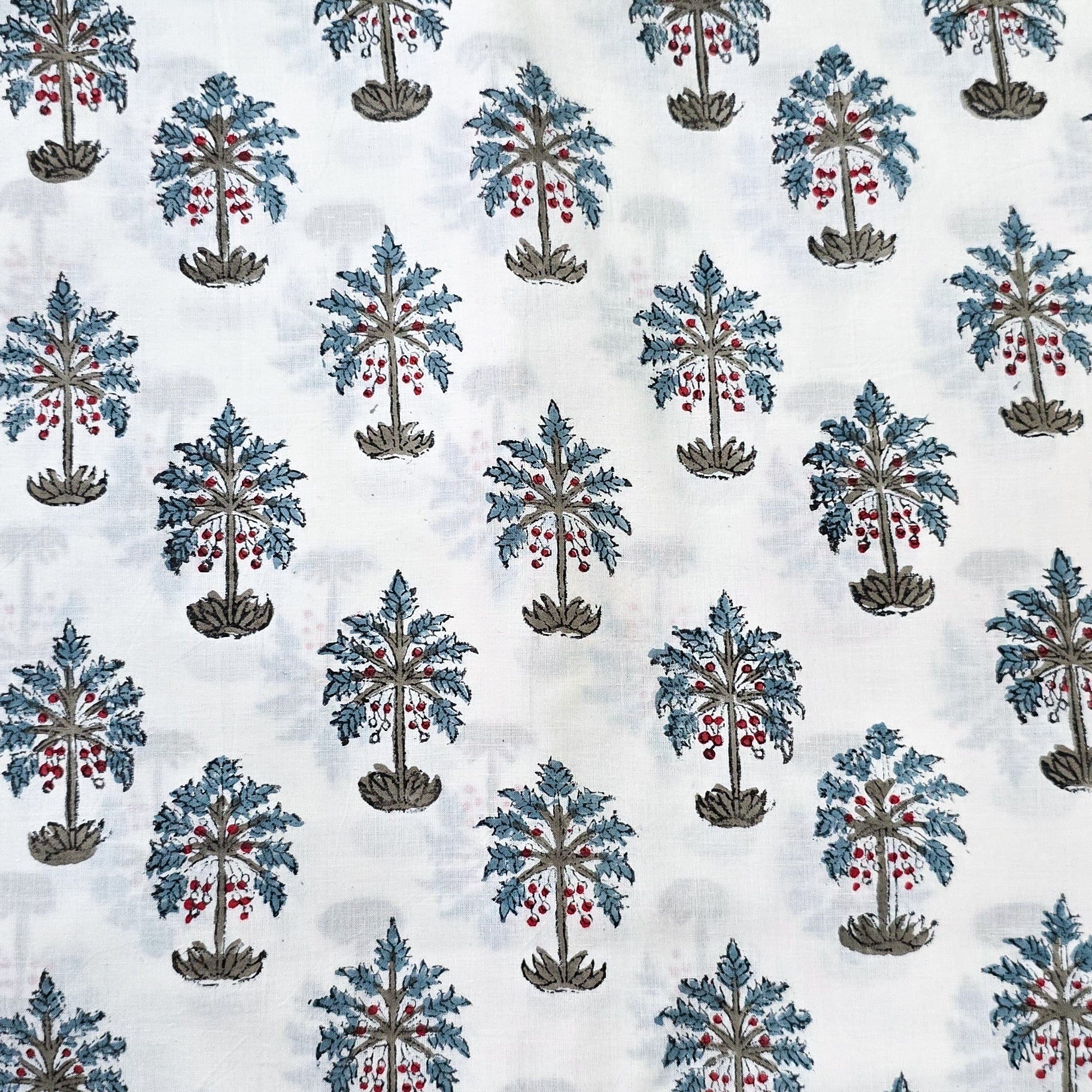 Pure Cotton Jaipuri White With Blue Coconut Tree Motif Hand Block Prin ...