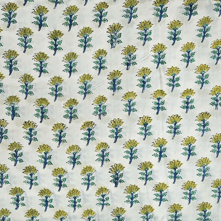 (PRE-CUT 1.40 METER) Pure Cotton Jaipuri White With Green And Blue Sin – Sanskruti