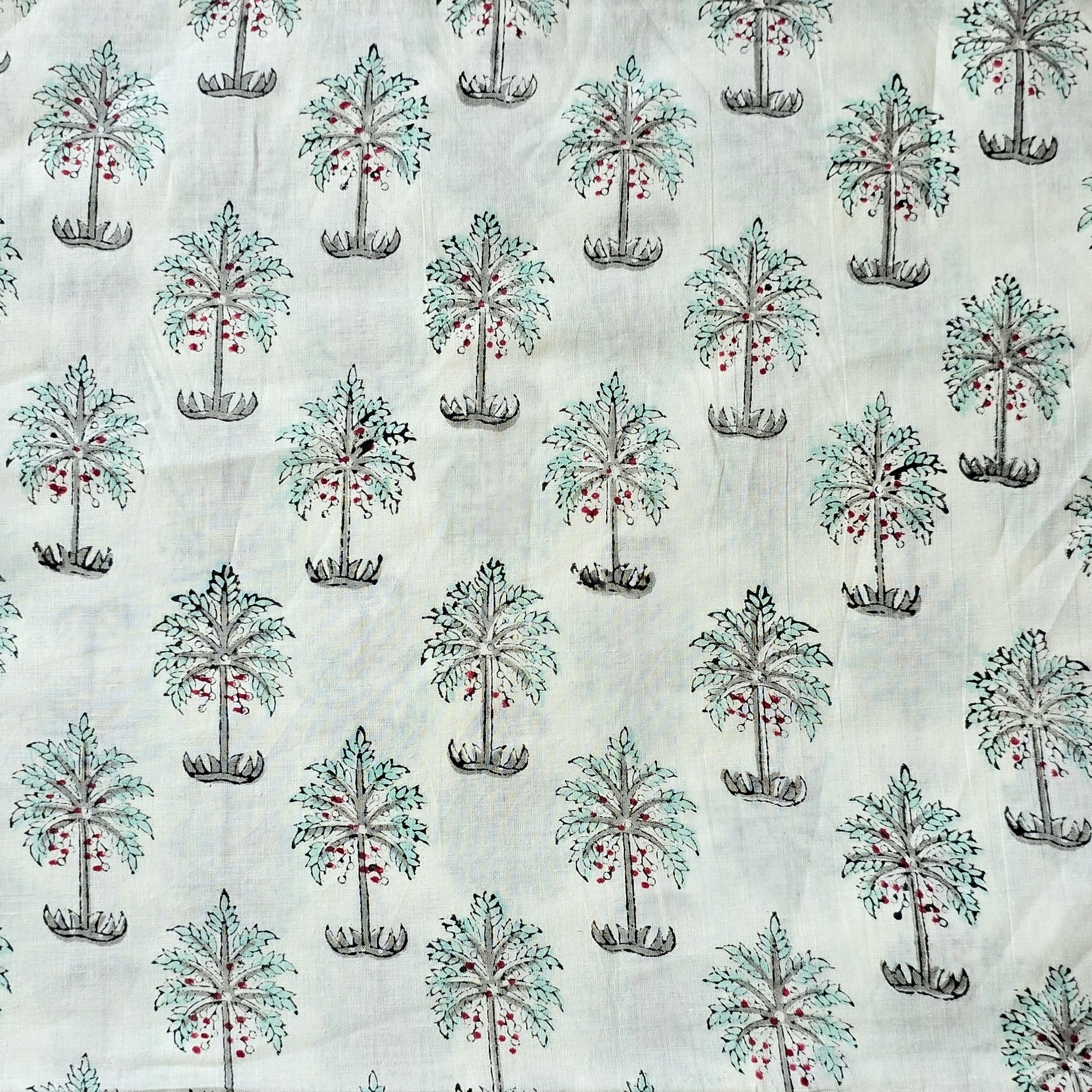 (PRE-CUT 1.65 METER)Pure Cotton Jaipuri White With Green Coconut Tree ...