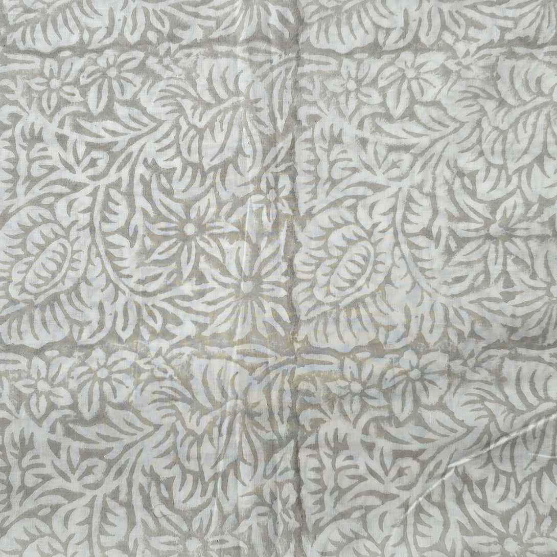 (Pre-Cut 1.95 Meter) Pure Cotton Jaipuri White With Grey Flower Jaal H – Sanskruti