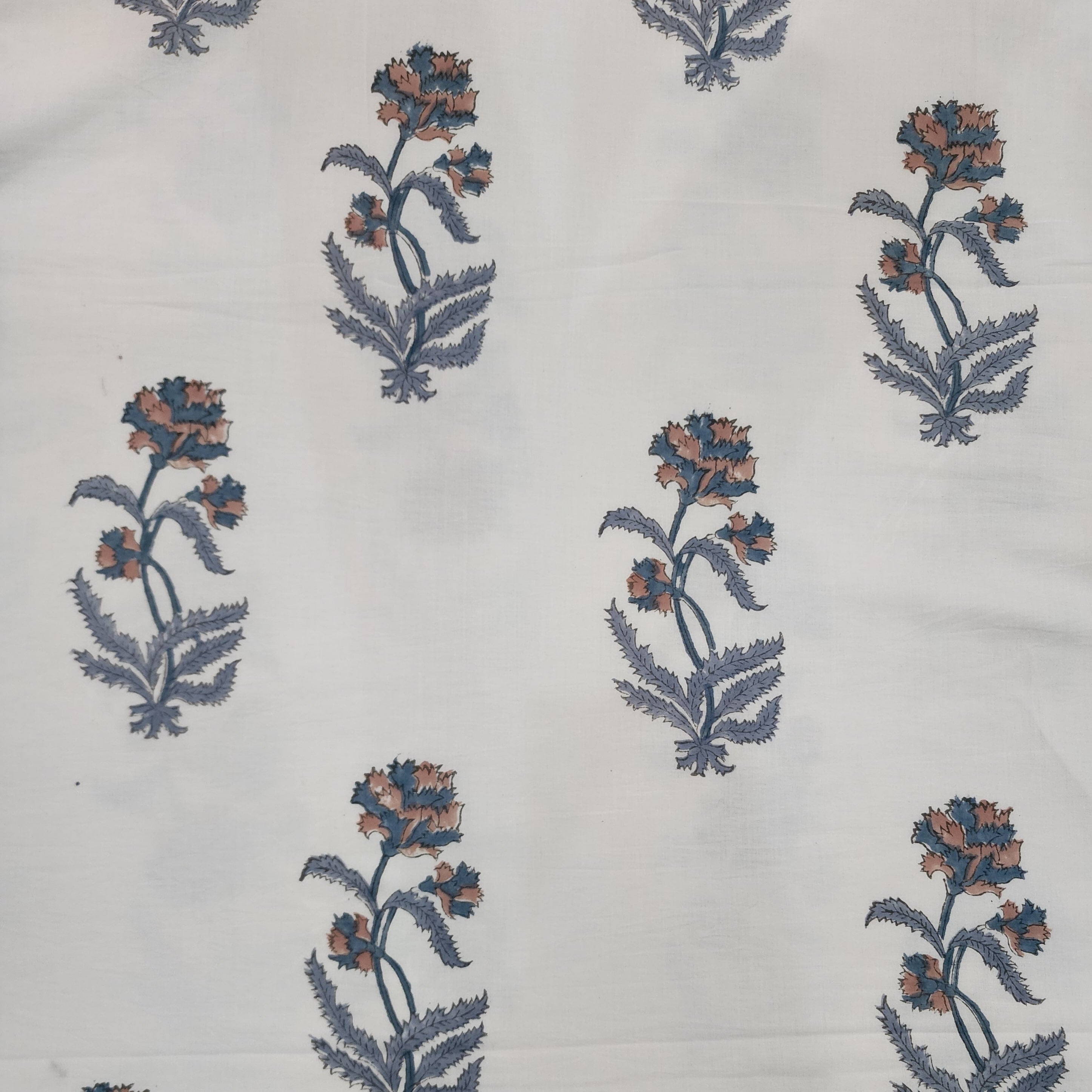 Pure Cotton Jaipuri White With Grey Flower Motif Hand Block Print Fabr ...