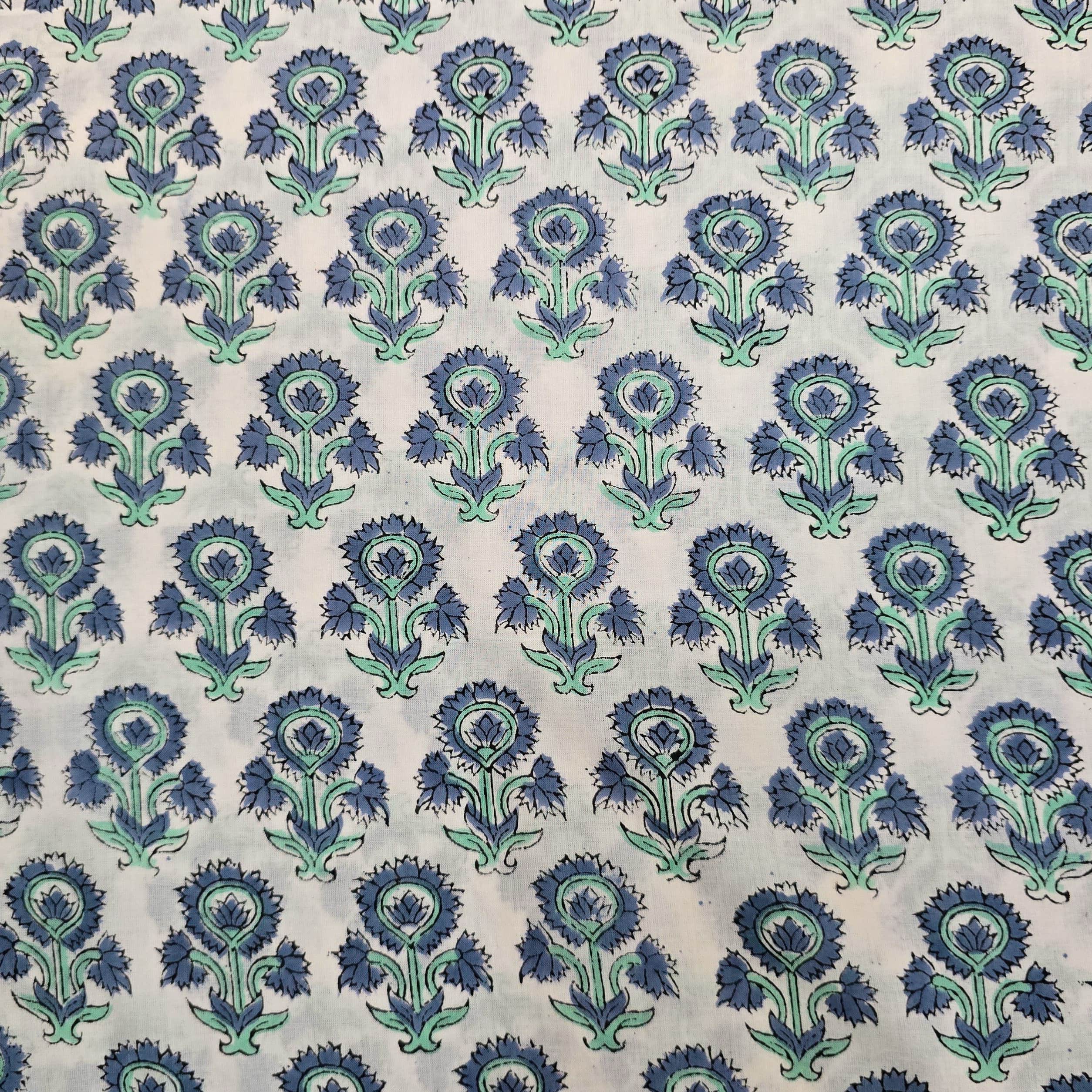 Pure Cotton Jaipuri White With Grey Flower Motif Hand Block Print Fabr ...