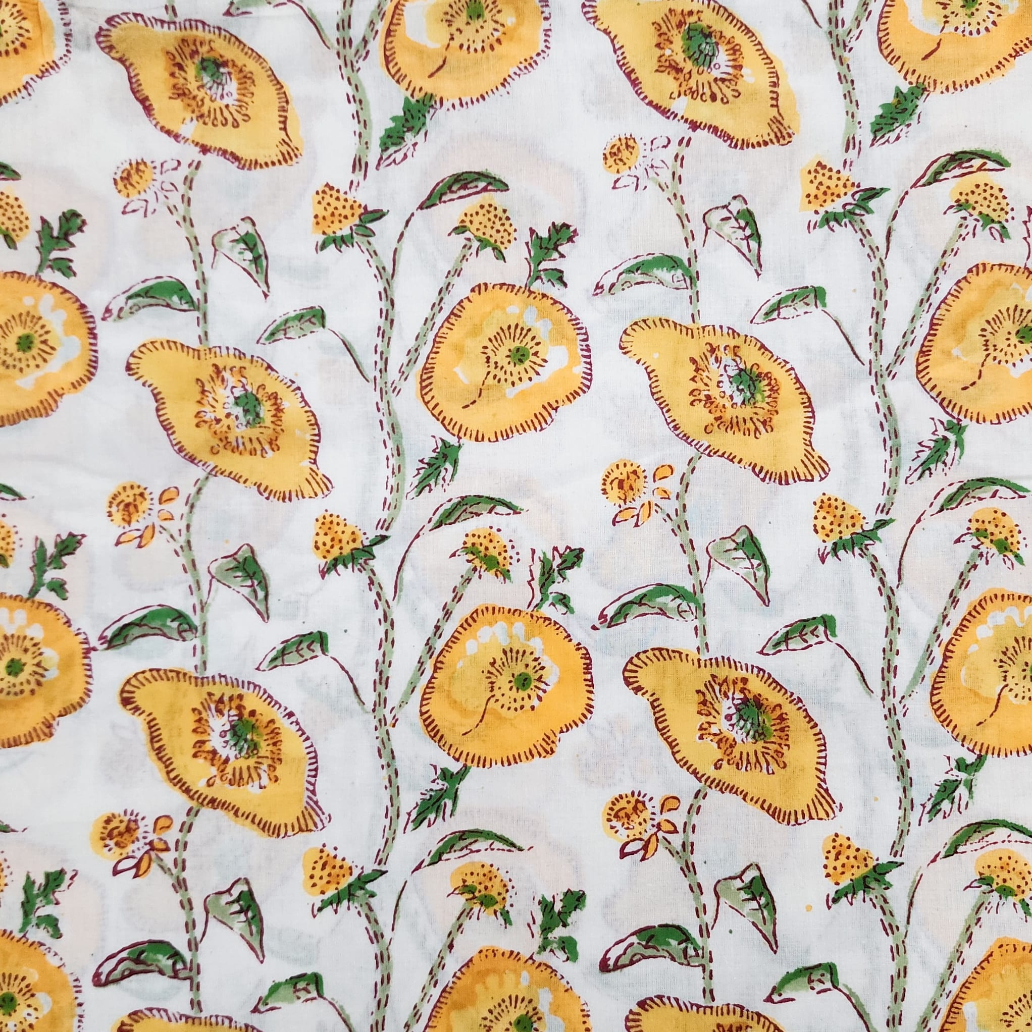 Pure Cotton Jaipuri White With Mustard Flower Creeper Hand Block Print ...
