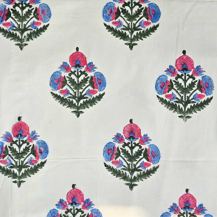 (PRE-CUT 1.60 METER) Pure Cotton Jaipuri White With Pink And Blue Big – Sanskruti