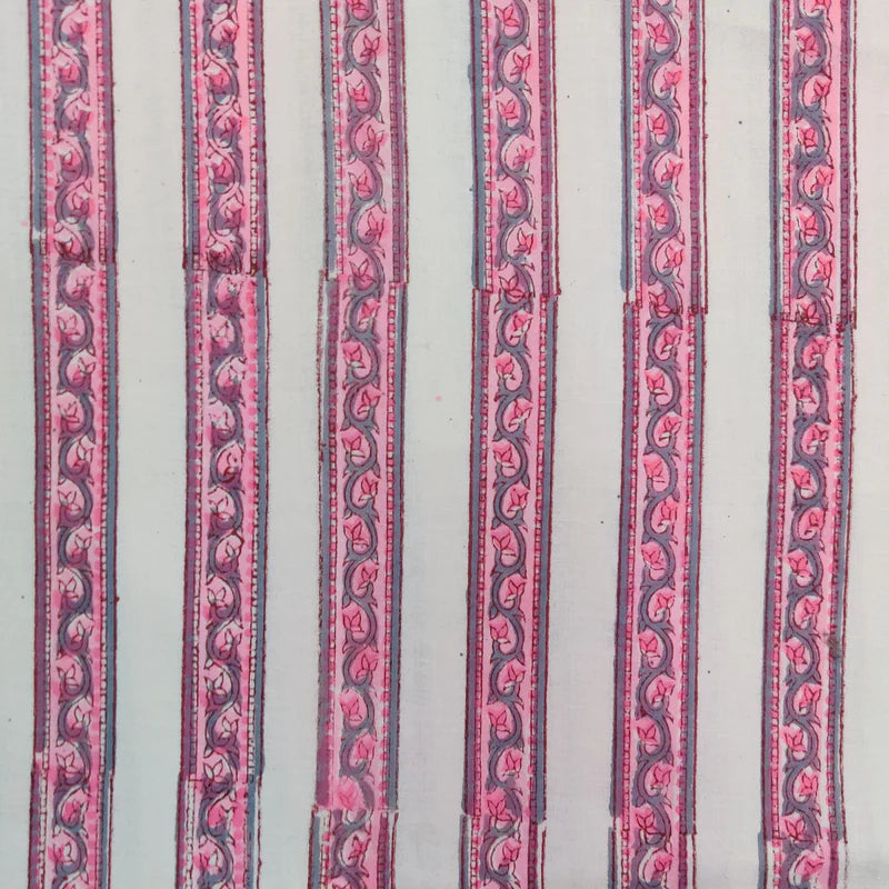 (Pre-Cut 1.20 Meter) Pure Cotton Jaipuri White With Pink And Grey Intr – Sanskruti
