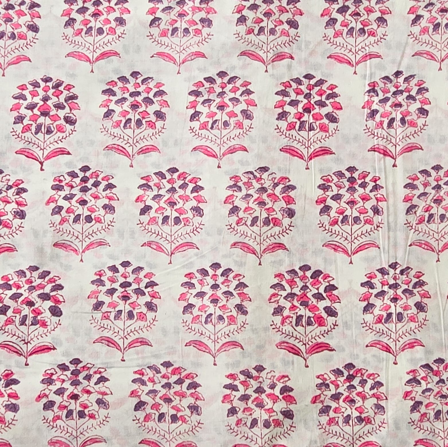 Pure Cotton Jaipuri White With Pink And Purple Flower Tree Motif Hand ...