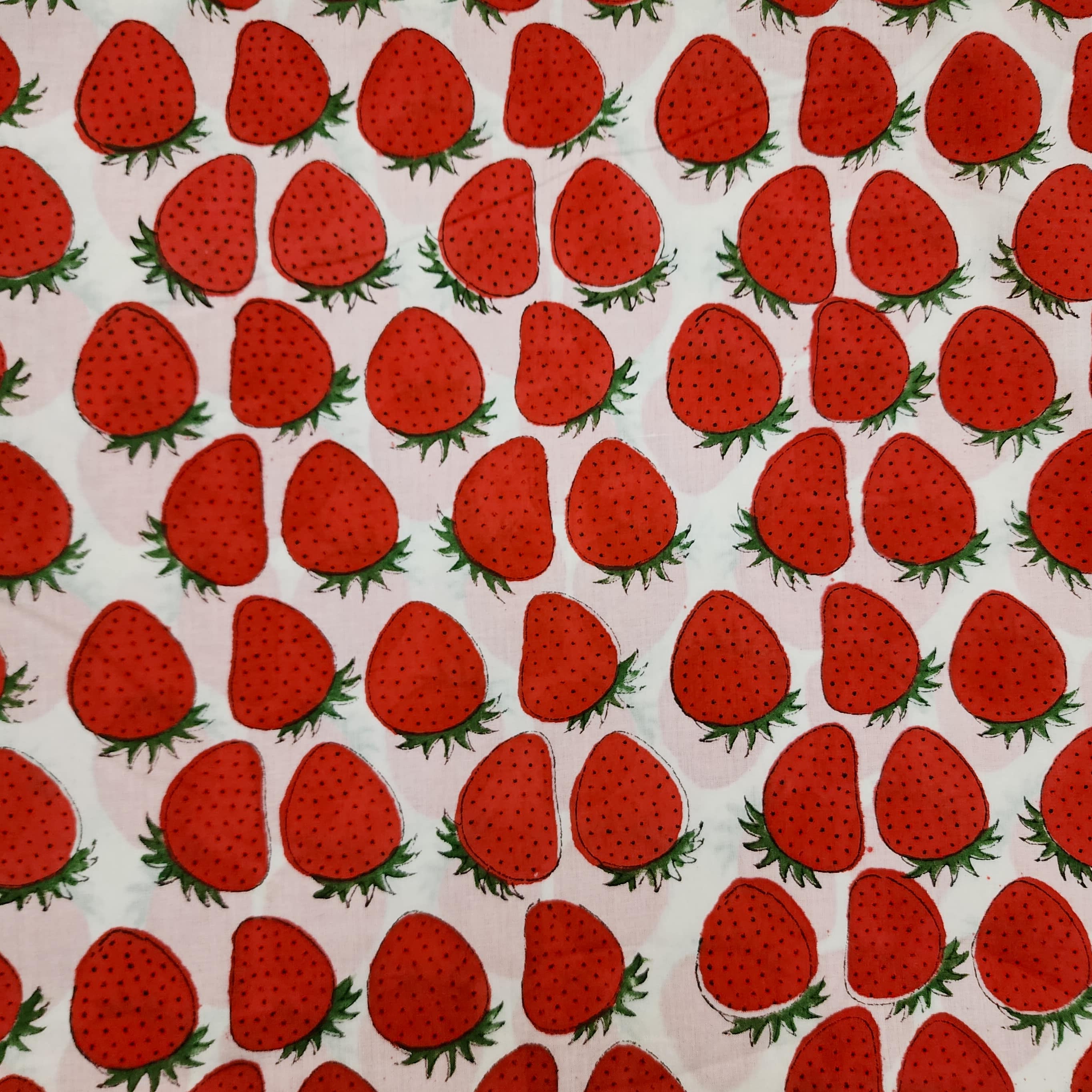 Pure Cotton Jaipuri White With Red Strawberry All Over Fabric Hand Blo ...