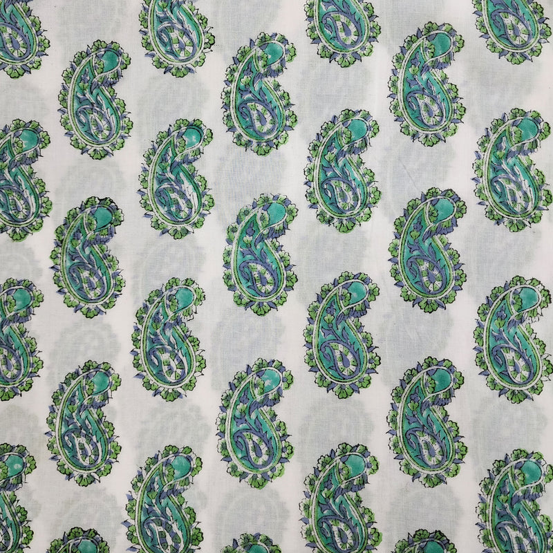 Pre-cut 1.45 meter Pure Cotton Jaipuri White With Teal Blue Green Kair – Sanskruti