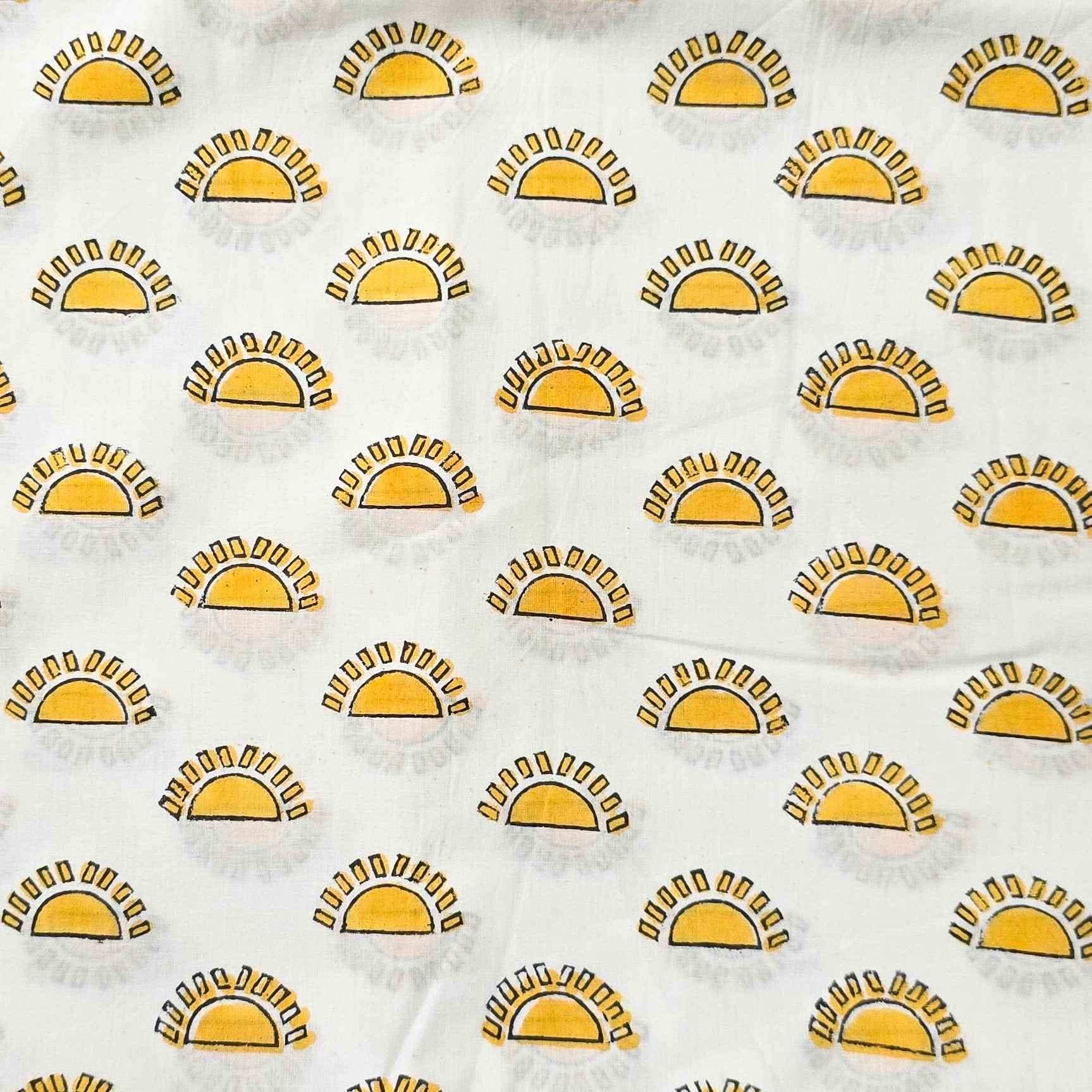 Pure Cotton Jaipuri White With Yellow Sun Motif Hand Block Print Fabri ...